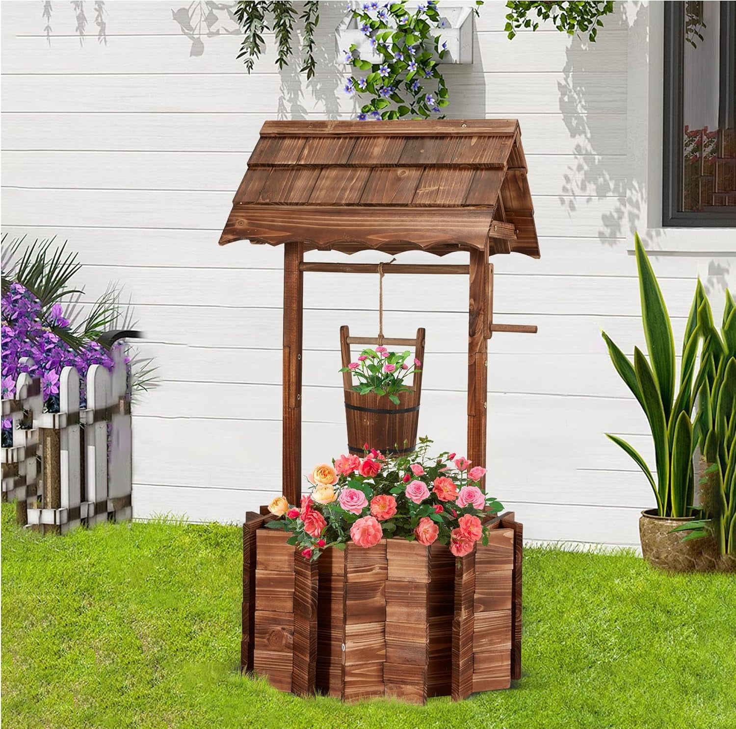 Wishing Wells for Outside,Wooden Wishing Well Planter for Outdoor Yard ...
