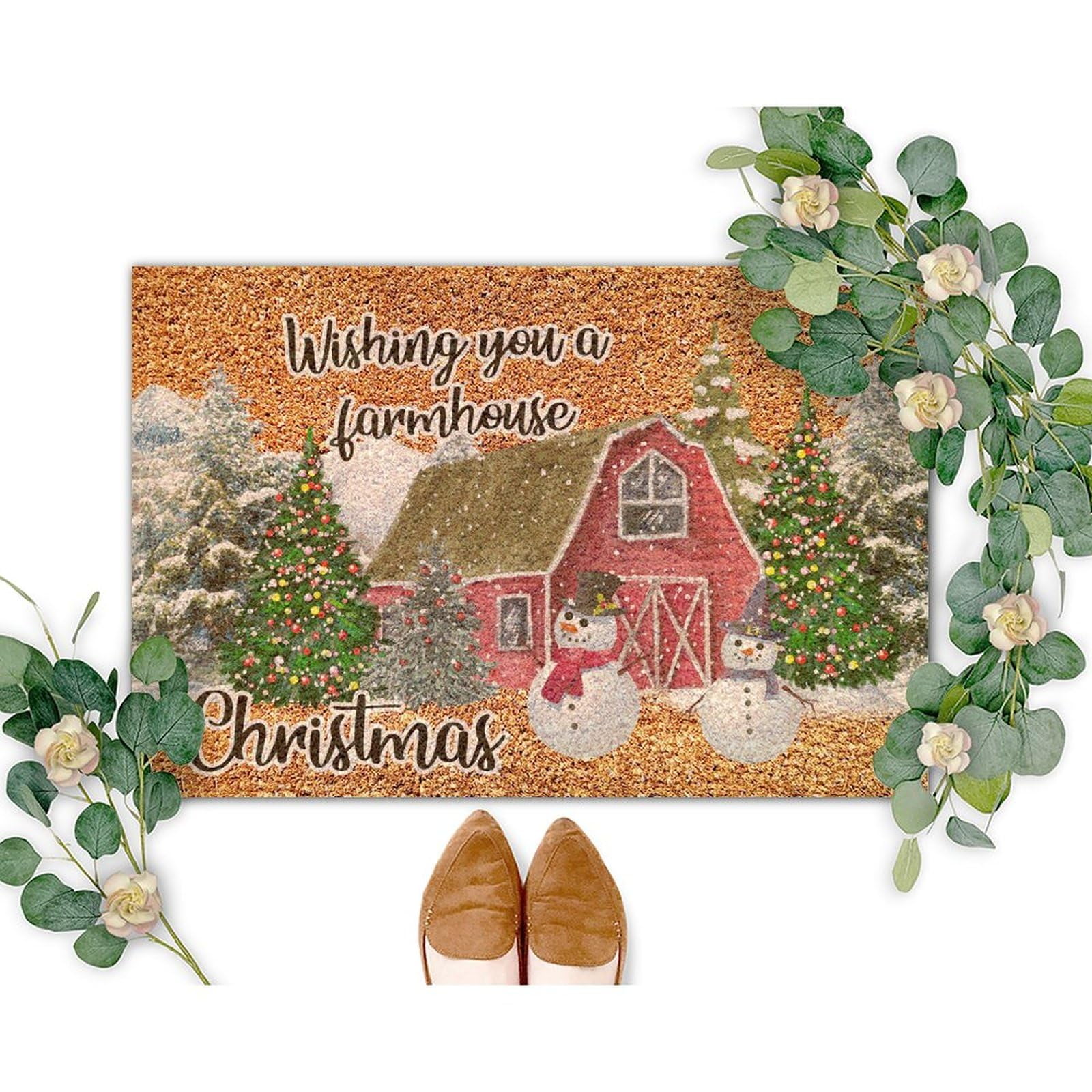 Wishing You A Farmhouse Christmas Coir Mat Farm Barn Snowman Tree ...