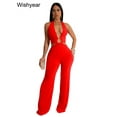 Wishyear Sexy Deep V Neck Sleeveless Halter Wide Leg Red Jumpsuits Womens Summer Night Club One