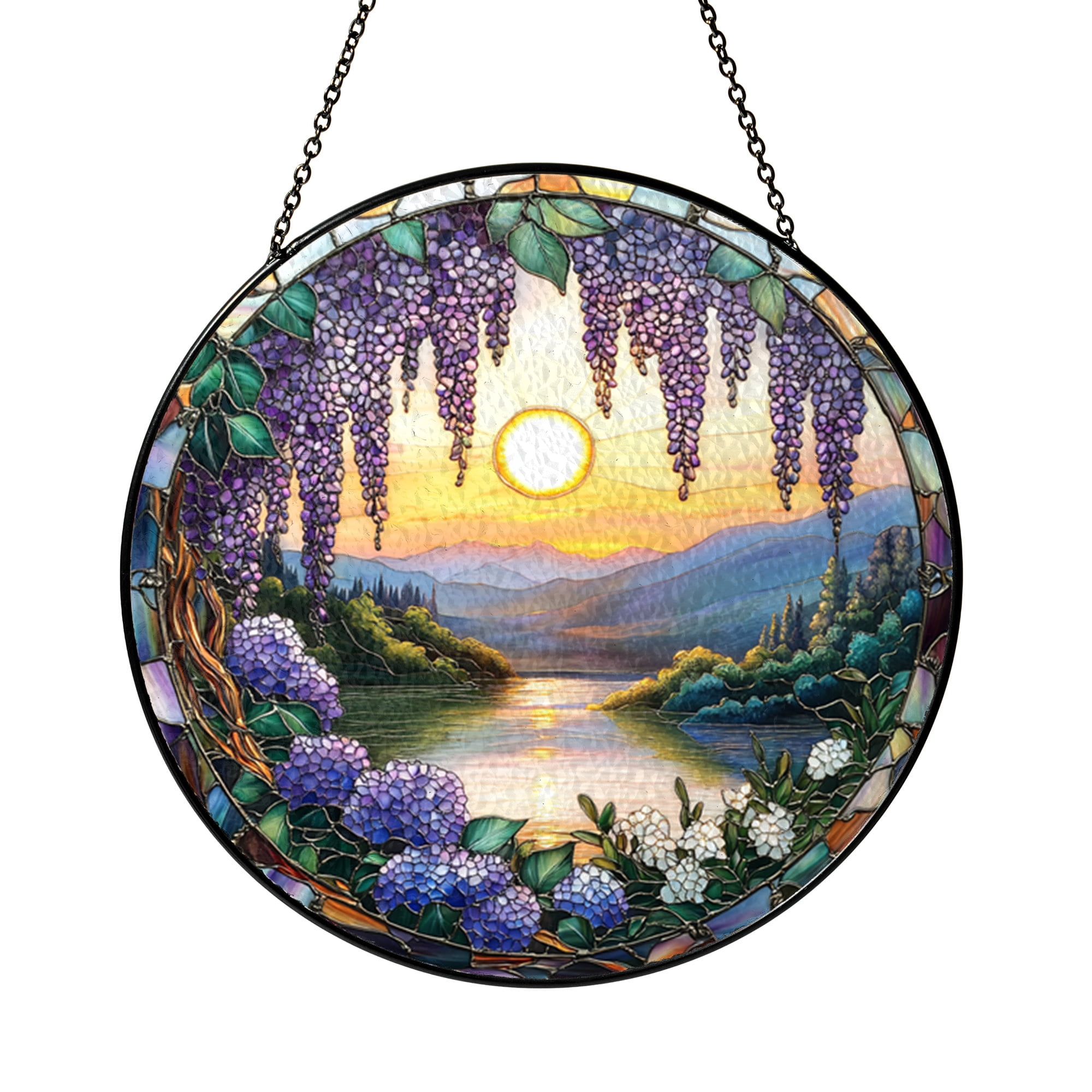 Wisteria Flowers Acrylic Faux Stained Glass Round Window Hanging ...