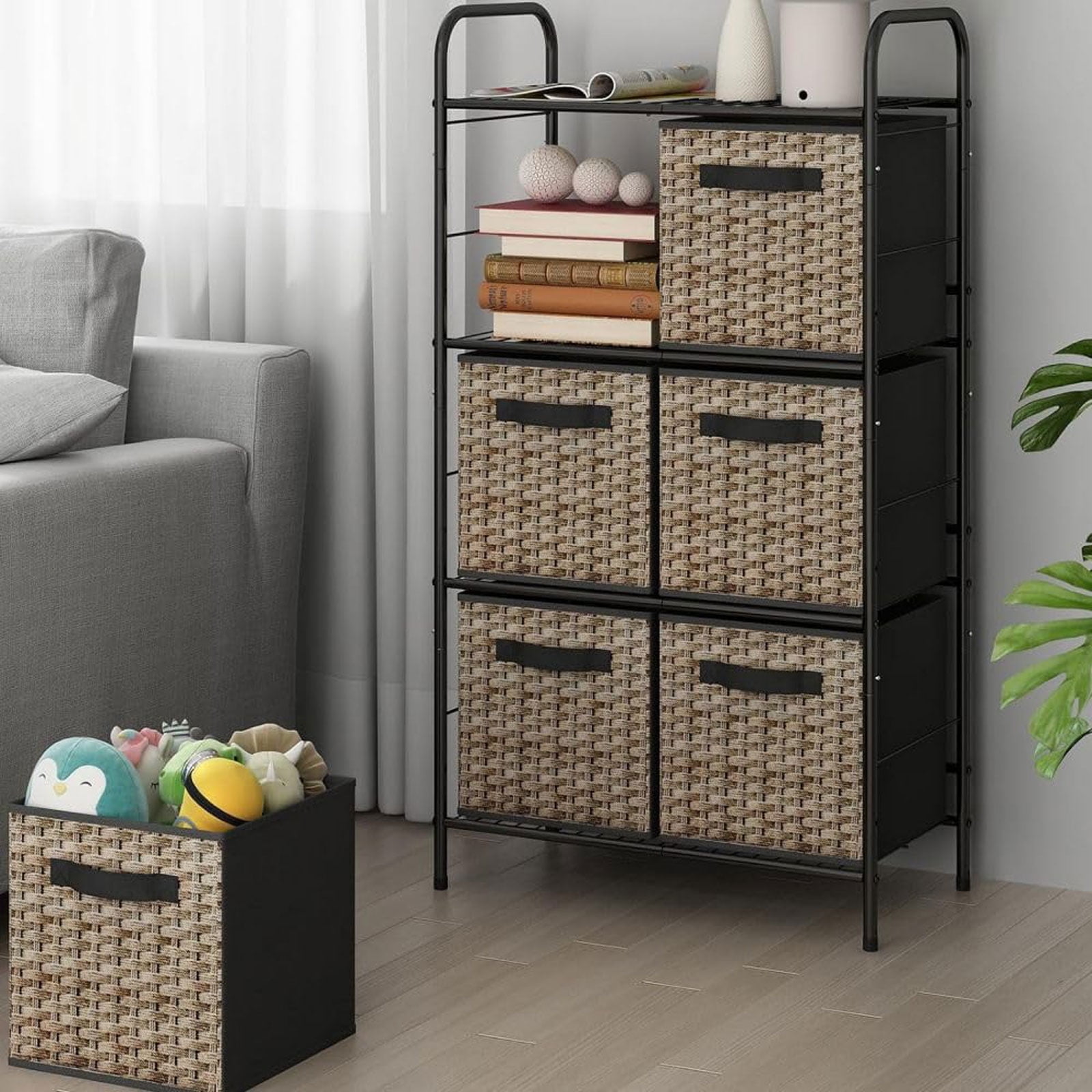Wistom Star Vertical Shelving Unit with 6 Cube Removable Fabric Drawers ...