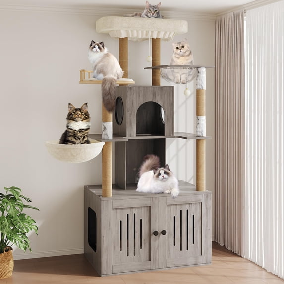 Wisykoke Cat Tree with Litter Box Enclosure, Multi-Level Cat Tower with ...