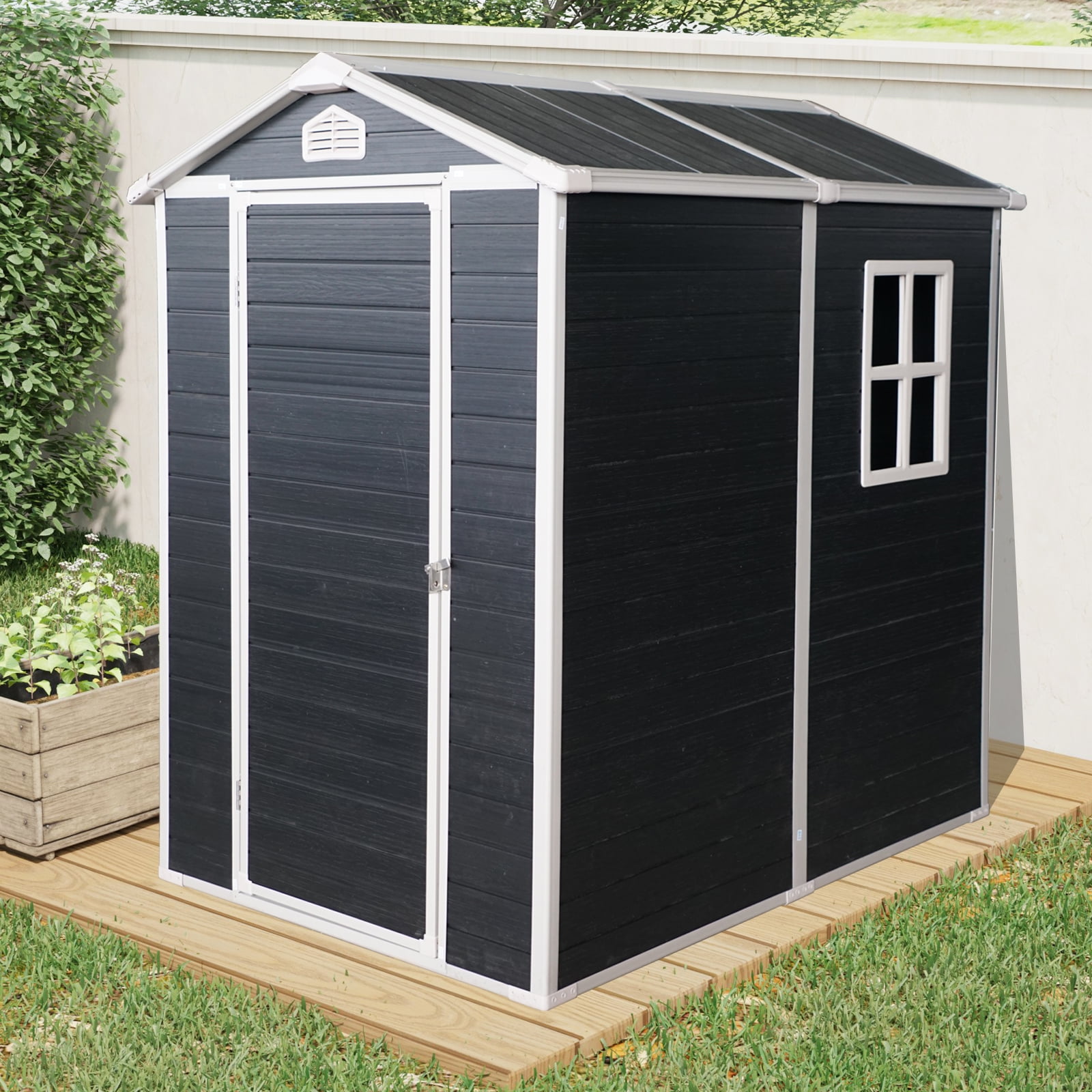 Witaxima 4 ft x 6 ft Outdoor Plastic Storage Shed with Floor, Black ...