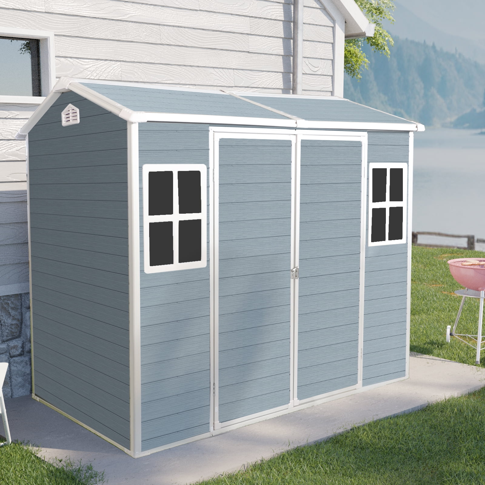 Witaxima 8x4ft Resin Outdoor Storage Shed with Two-Window & Double-Door ...