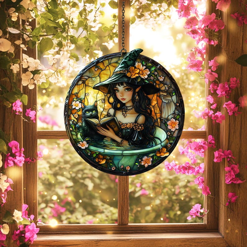 Witch And Black Cat GLASS SUNCATCHER Witch Reading Book Window Hanging ...