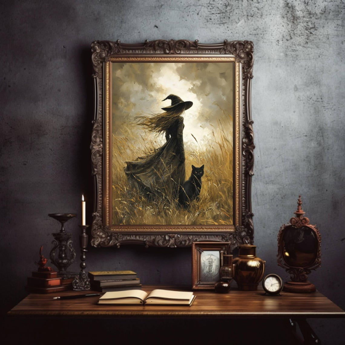 Witch And Black Cat In Field Poster, Witchy Wall Art, Home Decor ...