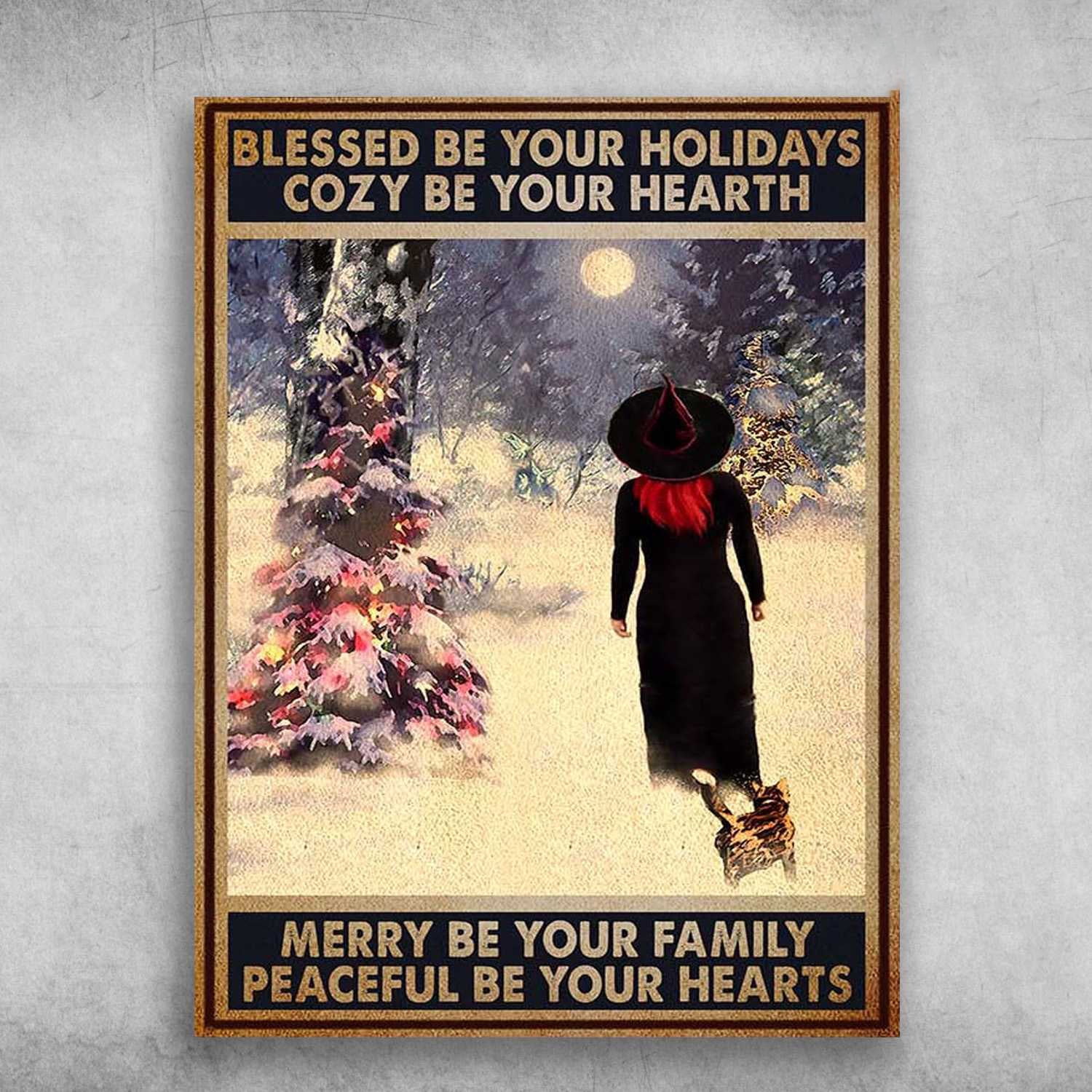 Witch And Cat, Christmas Poster - Blessed Be Your Holidays, Cozy Be Your Hearth 16 x 24 Inch ...