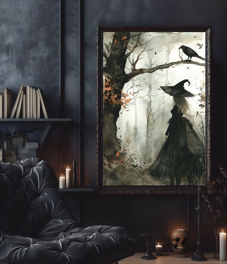 Witch And Crow In The Forest Poster Print, Witch Halloween Poster ...
