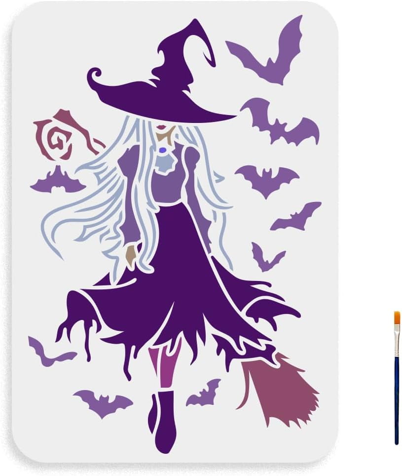 Witch Bat Stencils 11.7×8.3inch Large Magic Theme Stencil Template with Paint Brush Magic Broom ...
