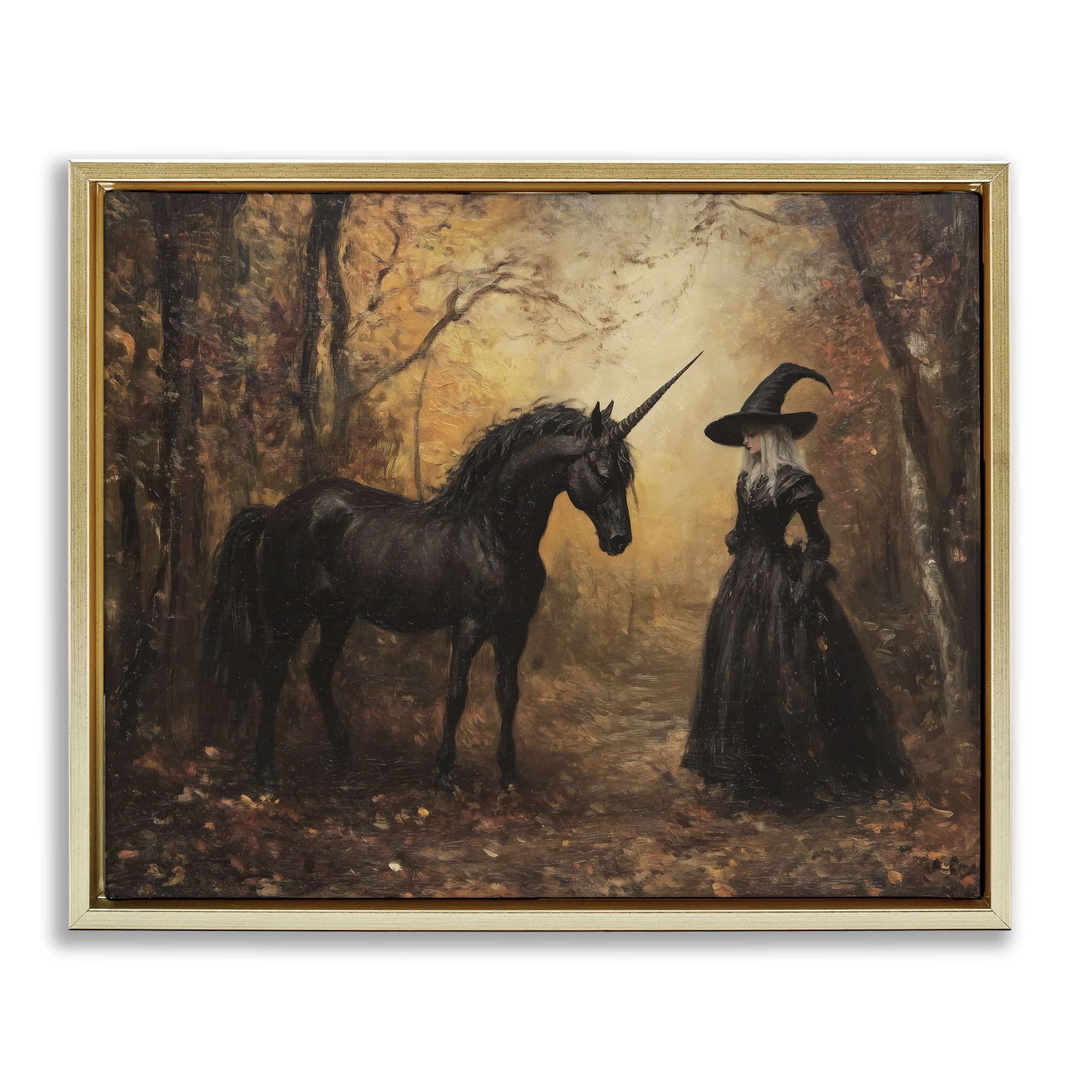 Witch & Black Unicorn Gold Framed Floater Canvas Wall Art, design by ...
