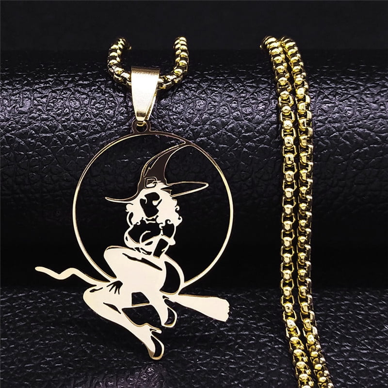 Witch Broom Cat 14K Yellow Gold Necklace for Women Magic Witchcraft ...