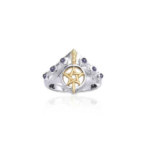 Witch Broom Pentacle 925 Sterling Silver Ring Magical Wiccan Amethyst ...
