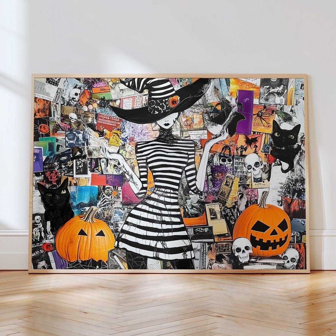 Witch Collage Art Spooky Striped Witch With Pumpkin Black Cat And ...