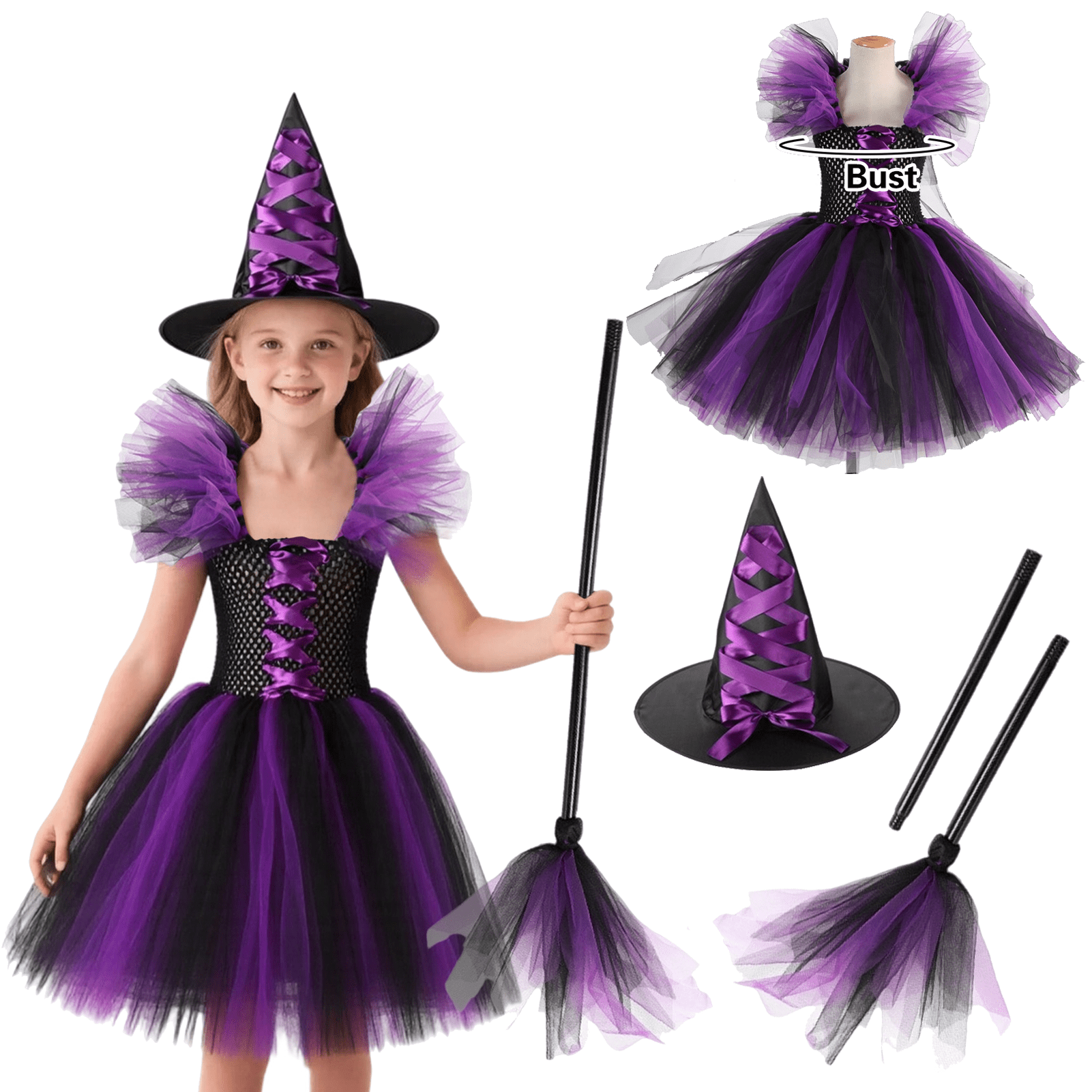 Witch Costume Kids Girl Witches Dress Princess Outfit Scary Purple Hat ...