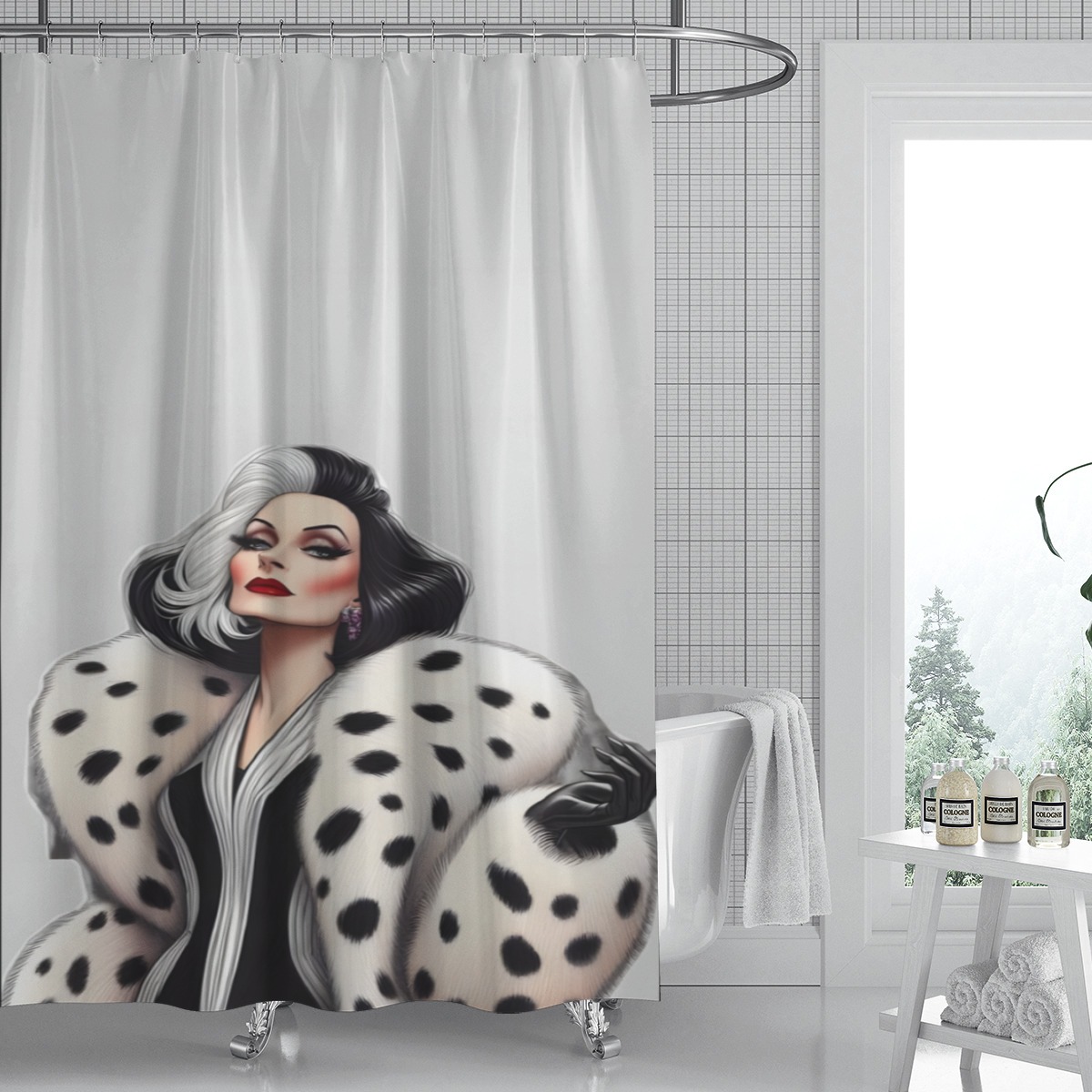 Witch Cruella shower curtain showcases an iconic artwork, is completely ...