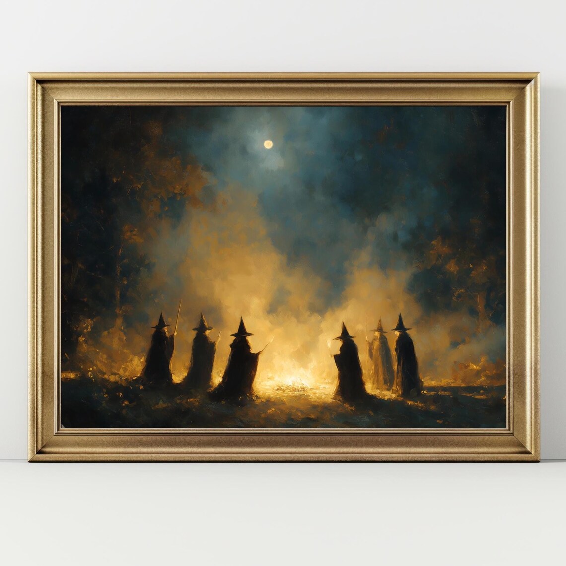Witch Gathering Art Print Moonlit Coven Fire Ritual Wall Art, Gothic ...