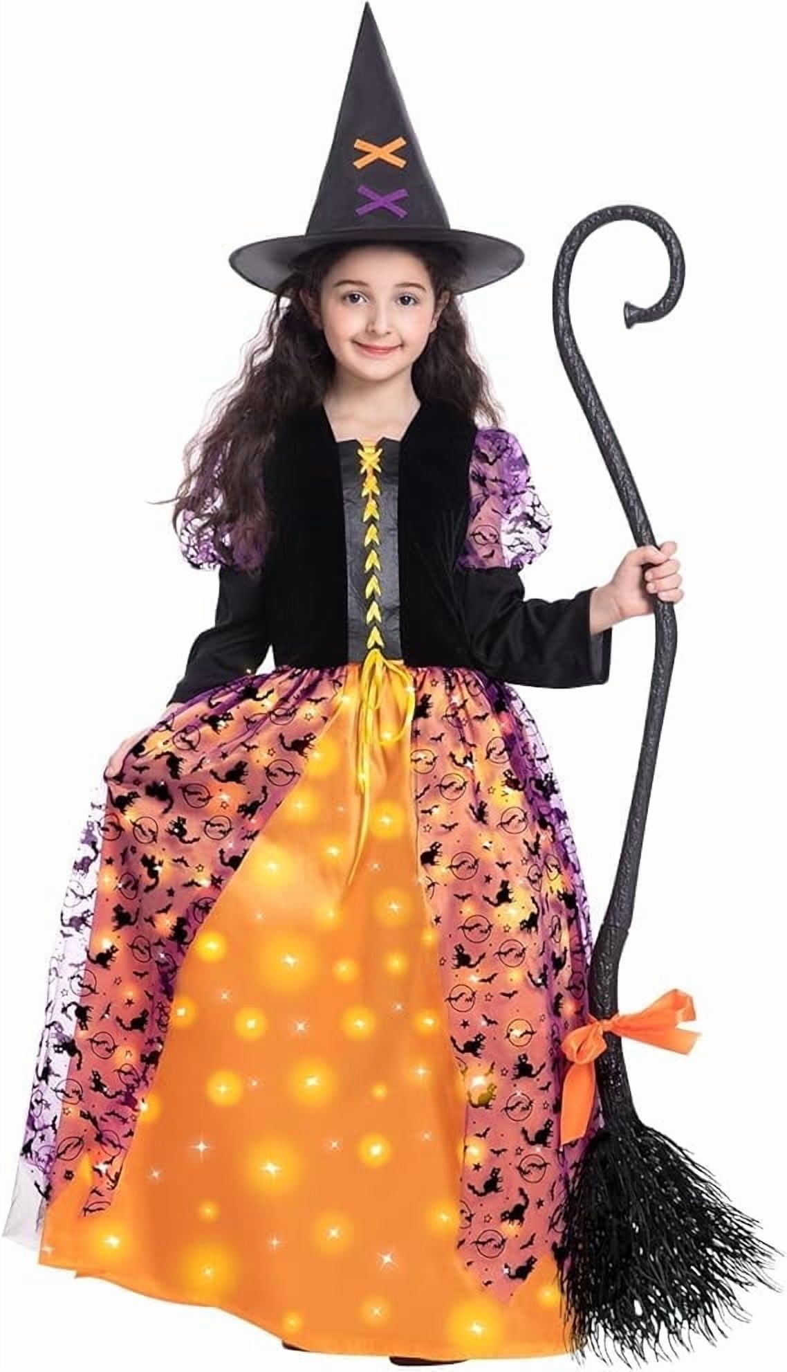 Girls Witch Costume with Light Up Dress & Glow Hat with Broom for 5-7 ...