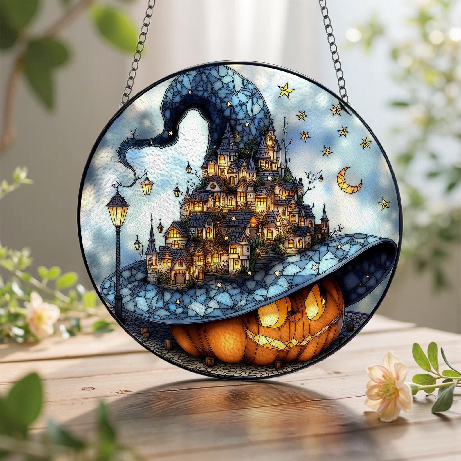 Witch Hat And Pumpkin Stained Glass Suncatcher Halloween Window Art ...