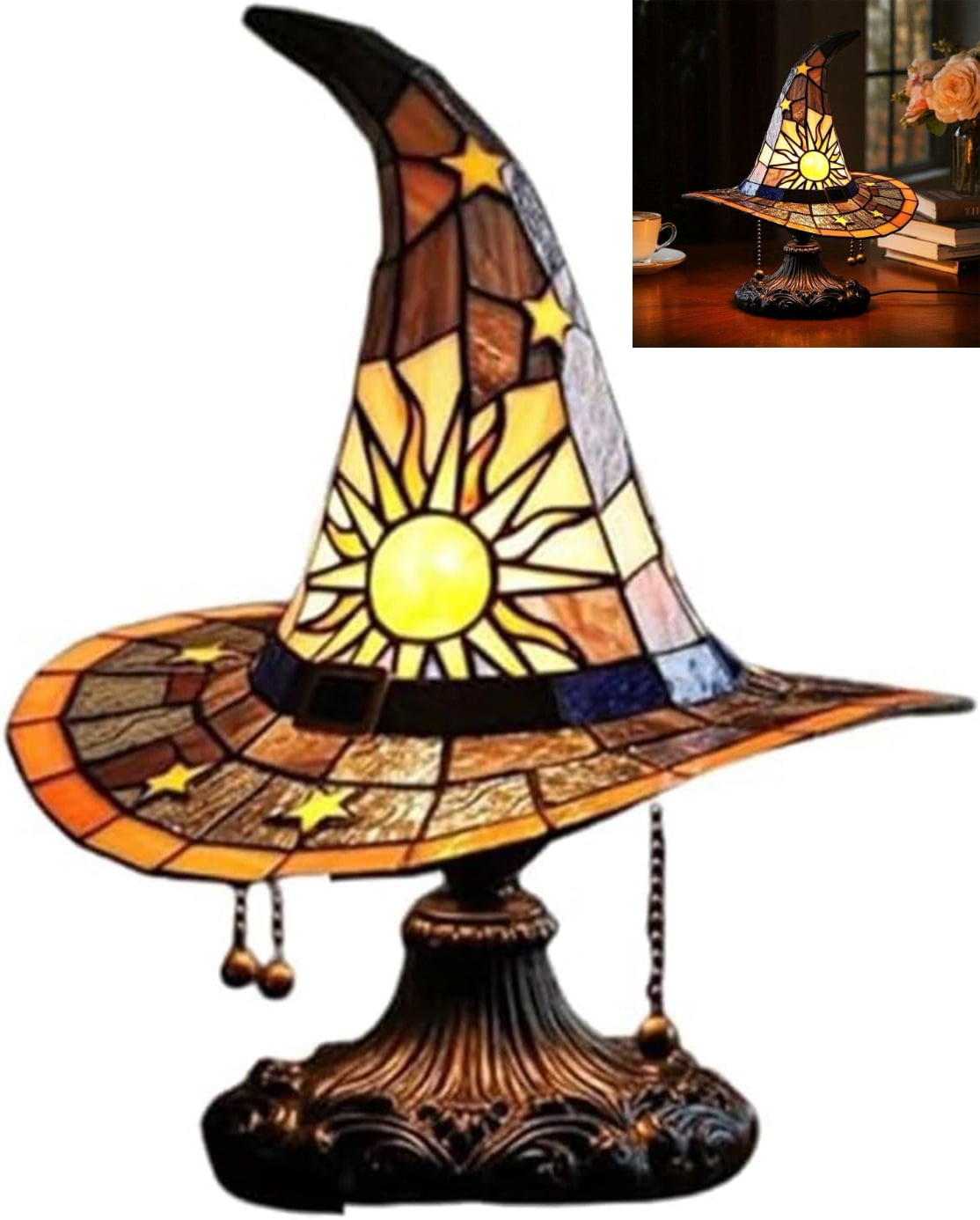 Witch Hat Lamp Stained Glass Resin, Handmade Gothic Witch Hat Lamp ...