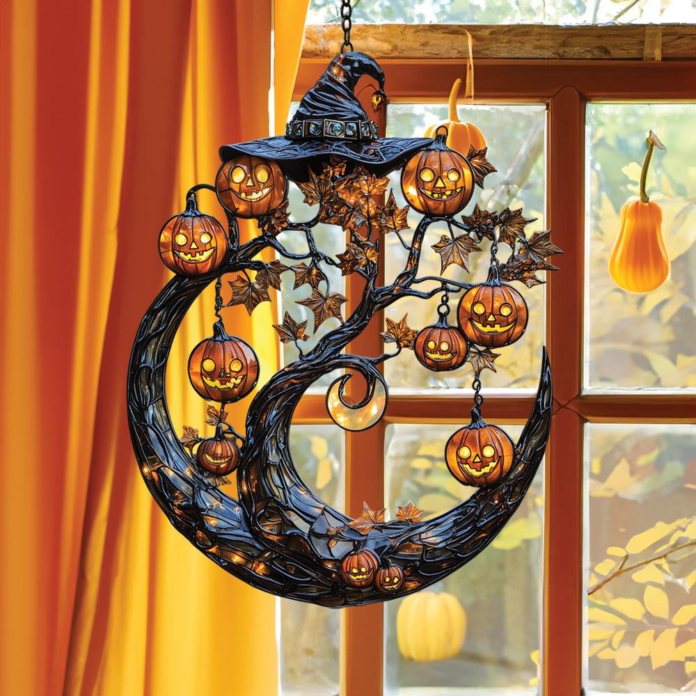 Witch Hat Pumpkin Tree Acrylic Suncatcher, Crescent Moon Jack-O ...