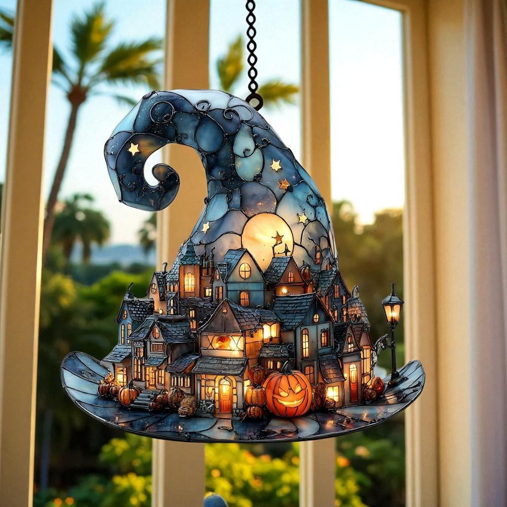 Witch Hat Village Acrylic Suncatcher – Halloween Town Faux Stained ...