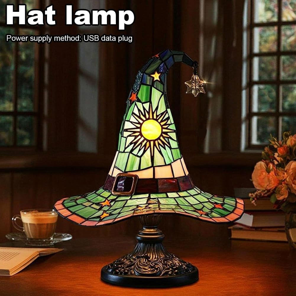 Witch LED Hat Lamp Stained Glass, Handmade Gothic Witch Hat Night Light ...
