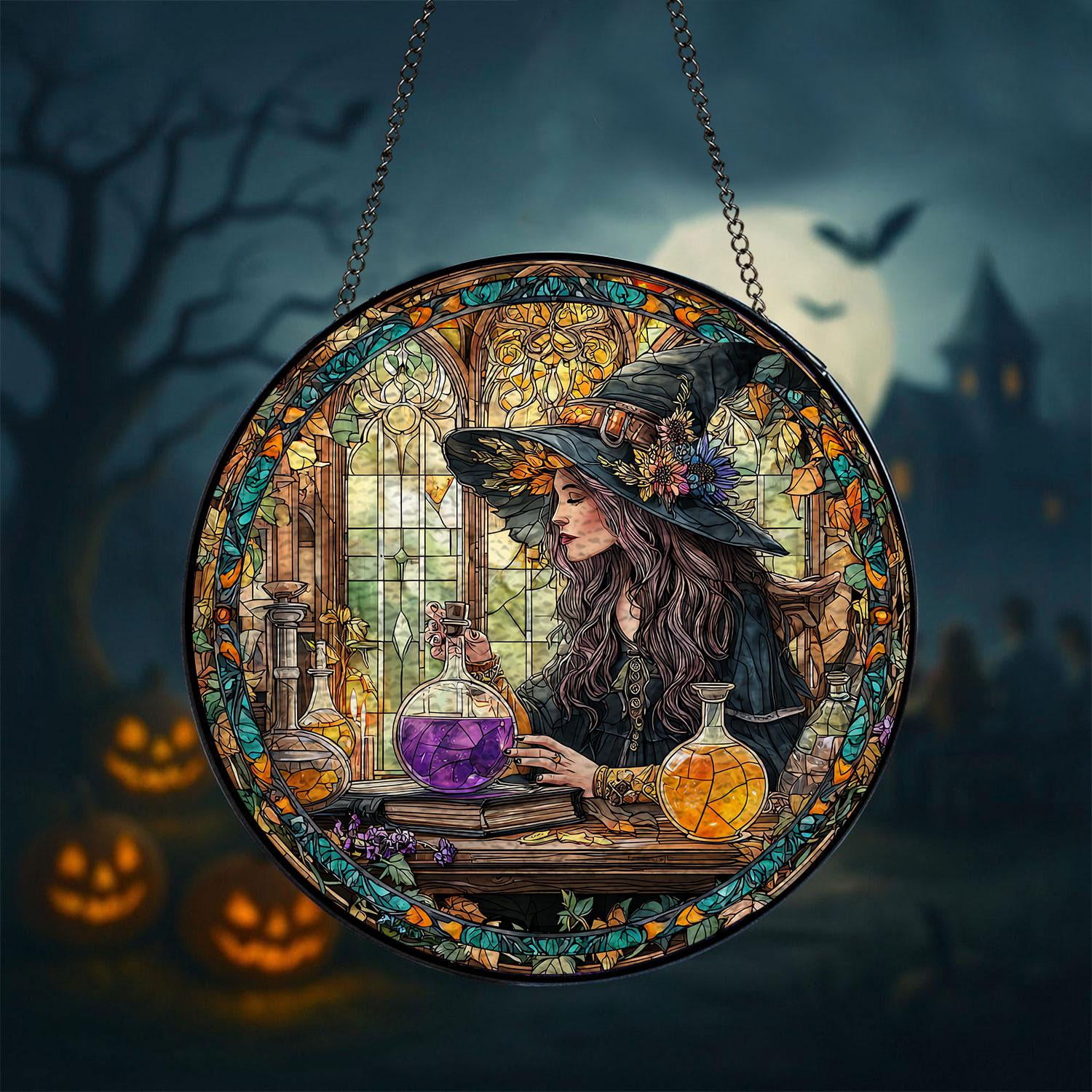 Witch Magic Glass Suncatcher, Fall Witch Window Hanging, Witch Spooky ...