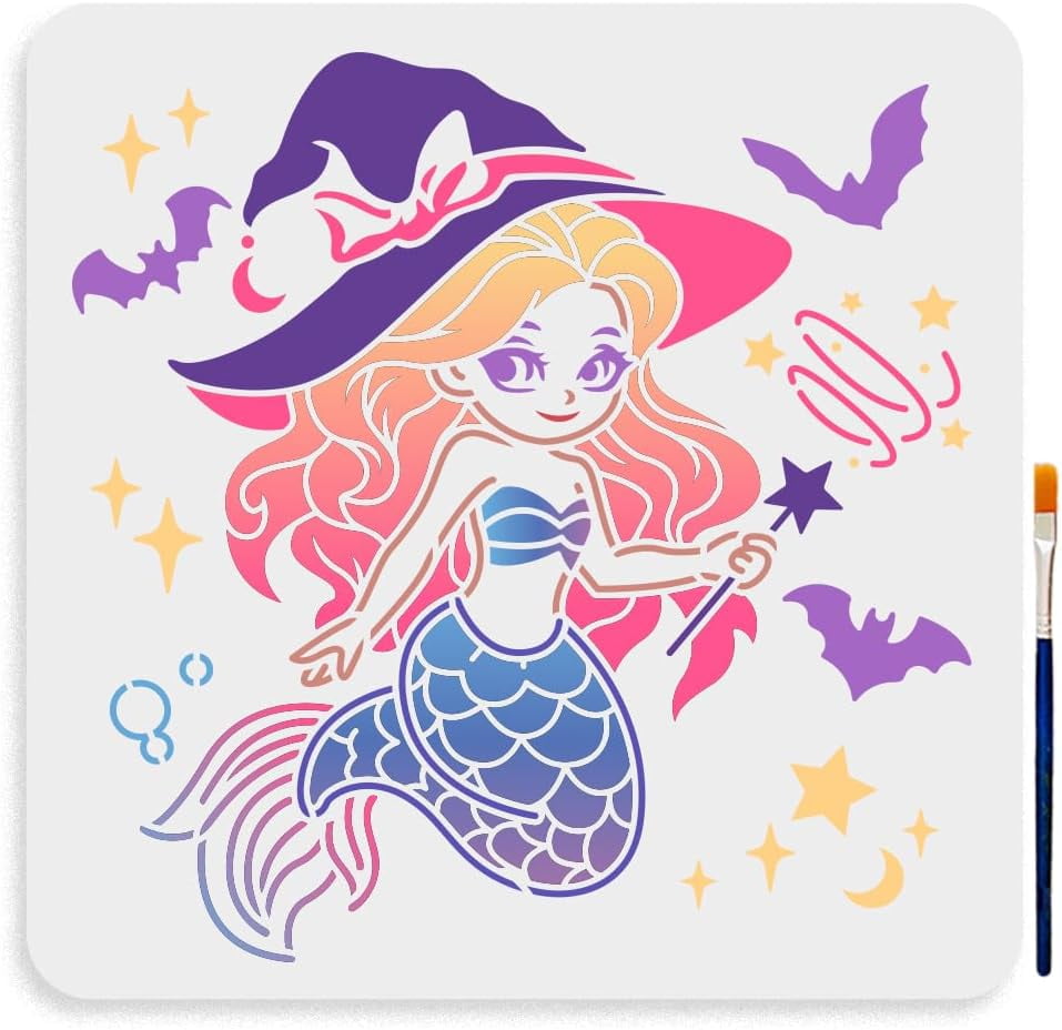 Witch Mermaid Stencils 11.8×11.8inch Large Magic Theme Stencil with Paint Brush Fairy Tales ...