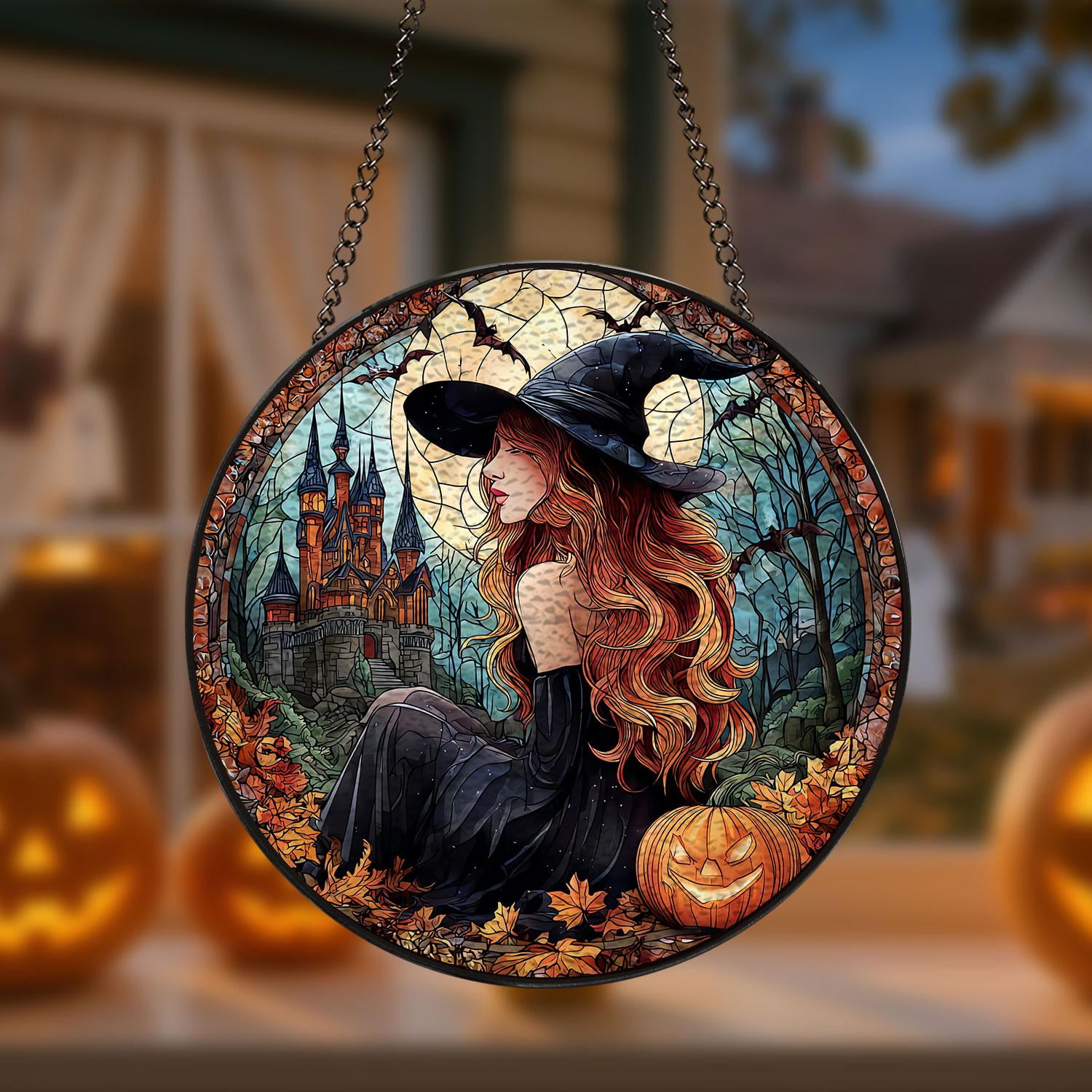 Witch And Moon Glass Suncatcher, Moon Witch Window Hanging, Witch Spooky Halloween Decor ...