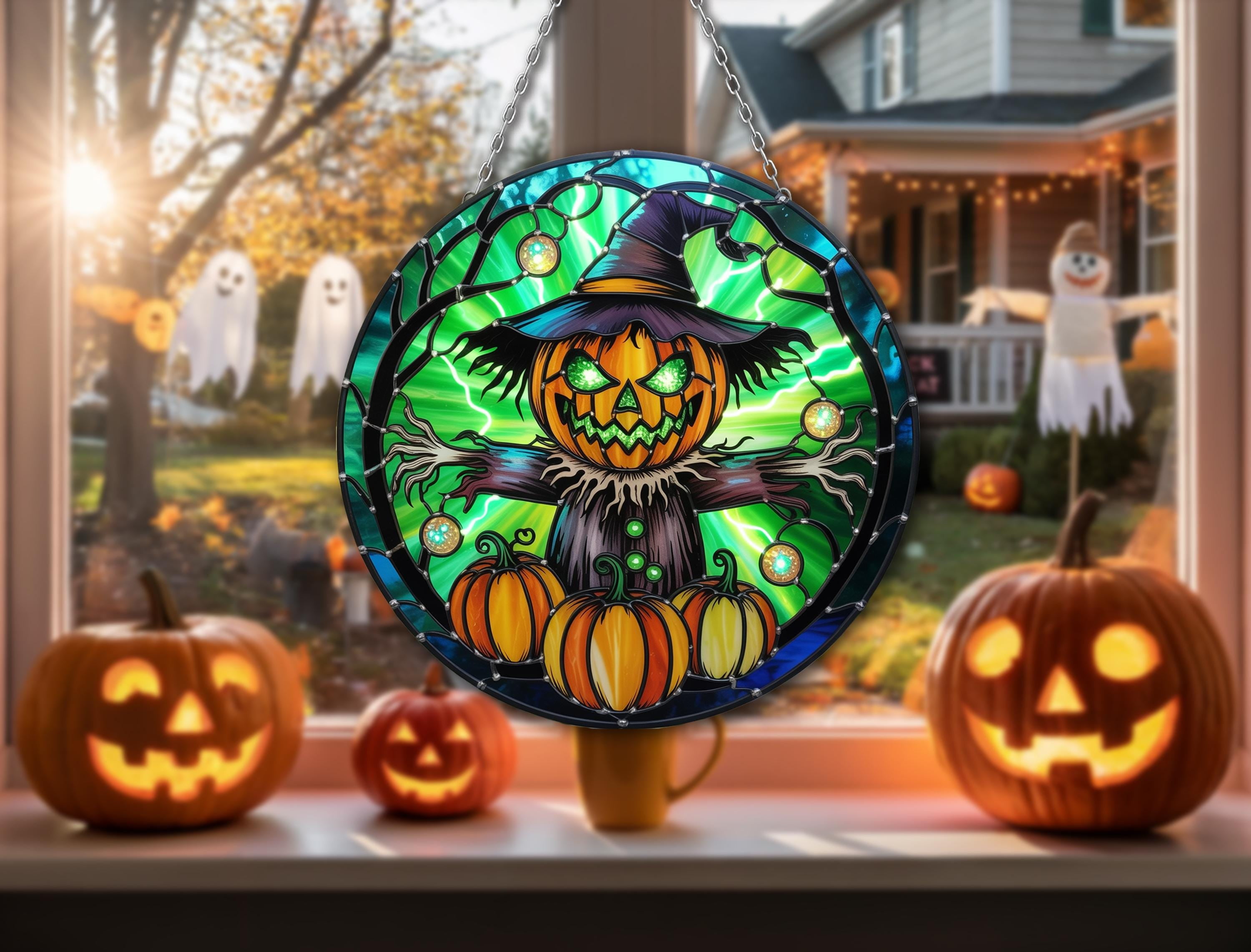 Witch Pumpkin Scarecrow Stained Glass â€“ Halloween Suncatcher with ...