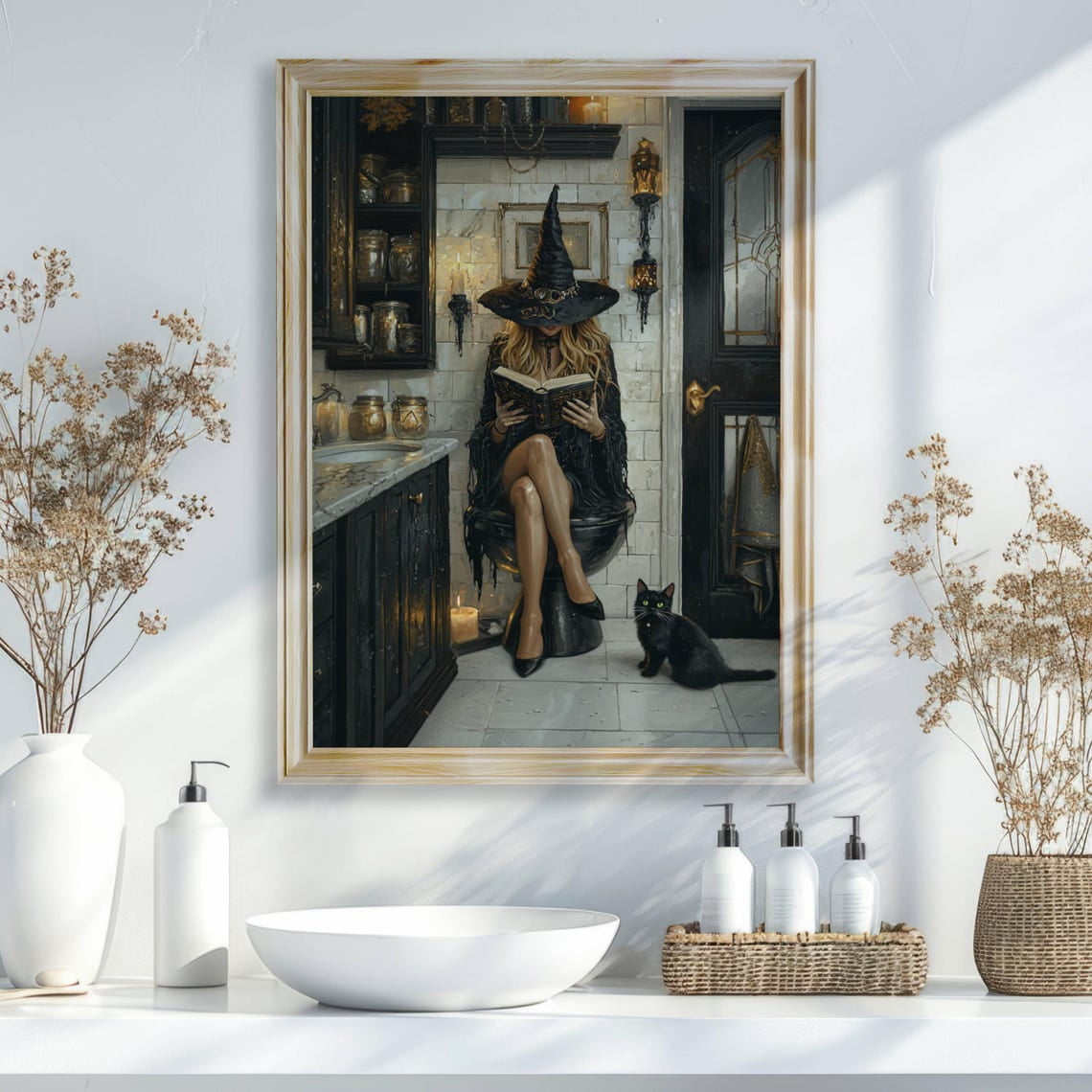 Witch Reading Book in Bathroom Poster Wall Decor Witch and Black Cat ...
