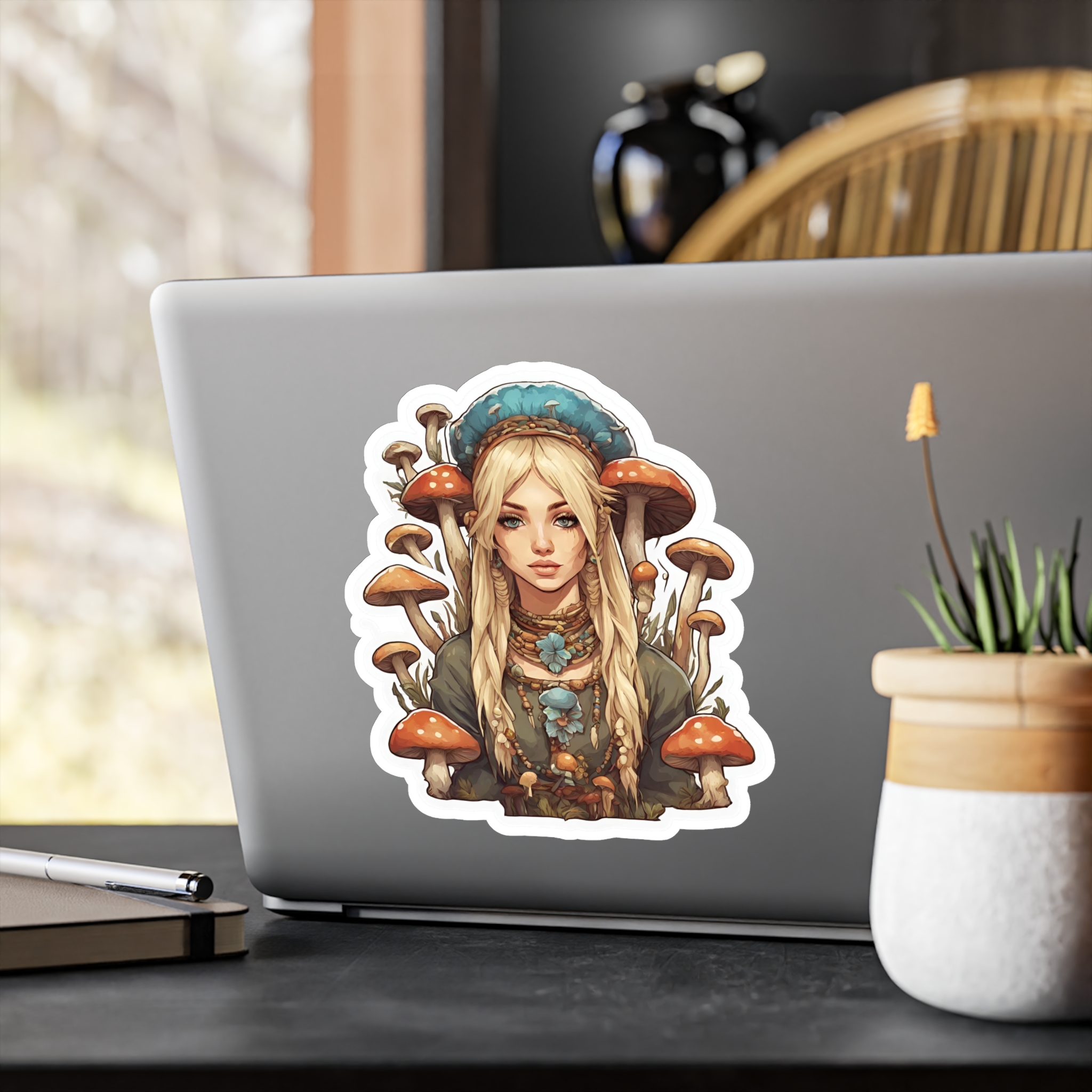 Witch Shaman Girl with Mushrooms - Car Laptop Sticker Kiss-Cut Vinyl ...