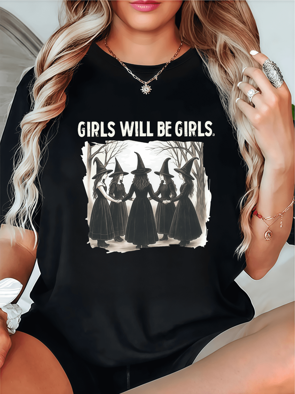 Witch Sisterhood Graphic Tee Girls Will Be Girls Pattern Shirt for ...