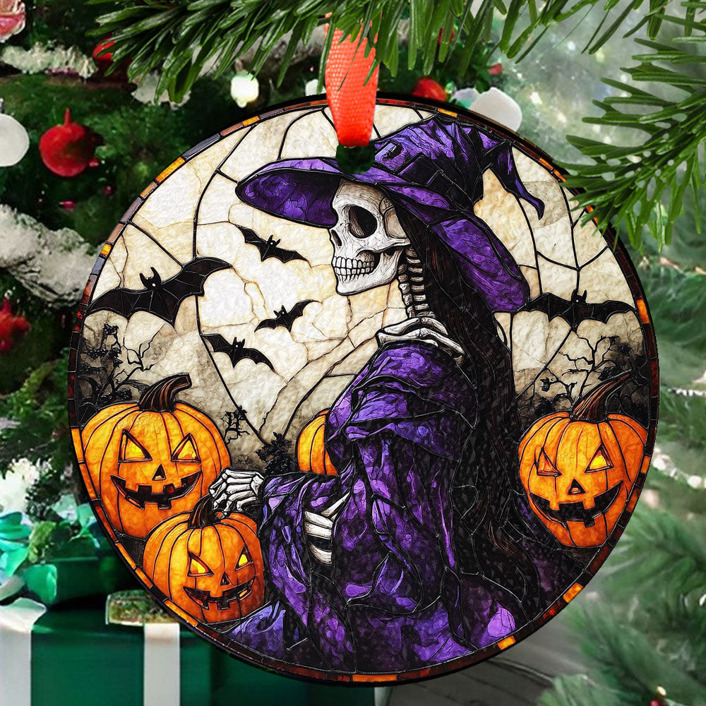 Witch Skeleton Halloween Suncatcher, Gothic Purple Witch with Pumpkins ...