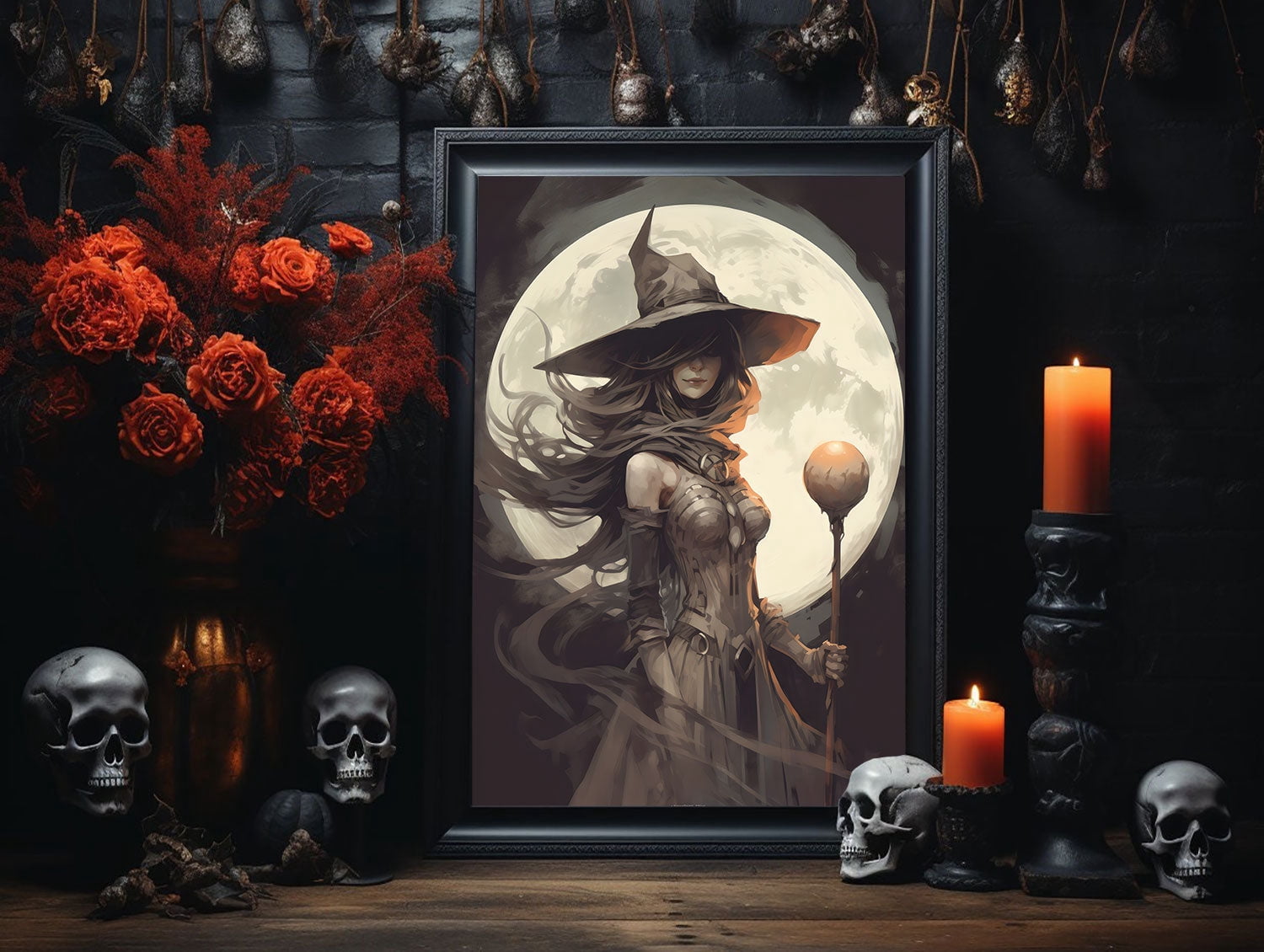 Witch With Full Moon Poster, Witch Print, Witch Poster, Spooky Art ...