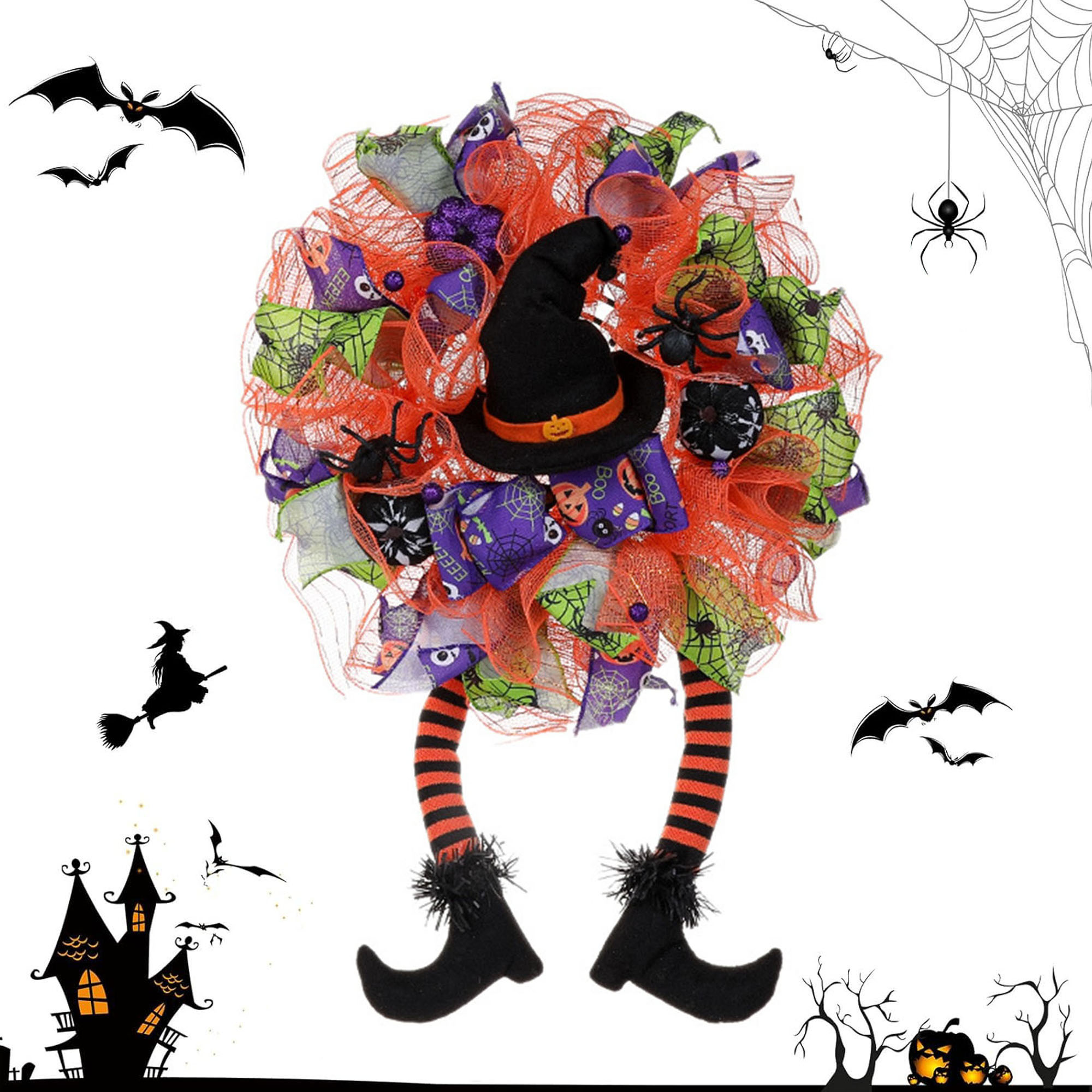 Witch Wreaths for Front Door with Witch Hat Legs Pumpkin Harvest Silk ...