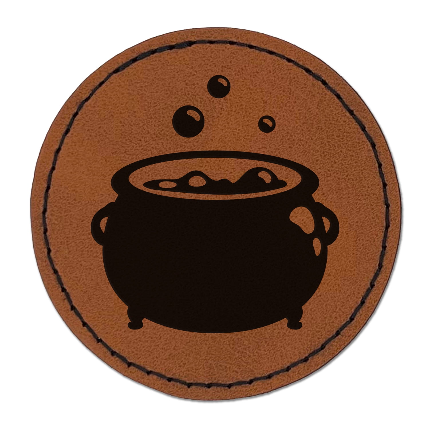 Witch's Bubbling Cauldron Pot Halloween 2.5" Faux Leather Round Engraved Iron-On Patch - Brown ...