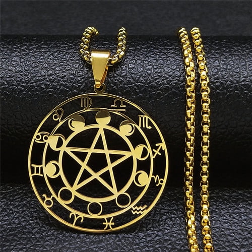 Witchcraft 12 Constellations Pentagram Astrology 14K Yellow Gold Chain ...