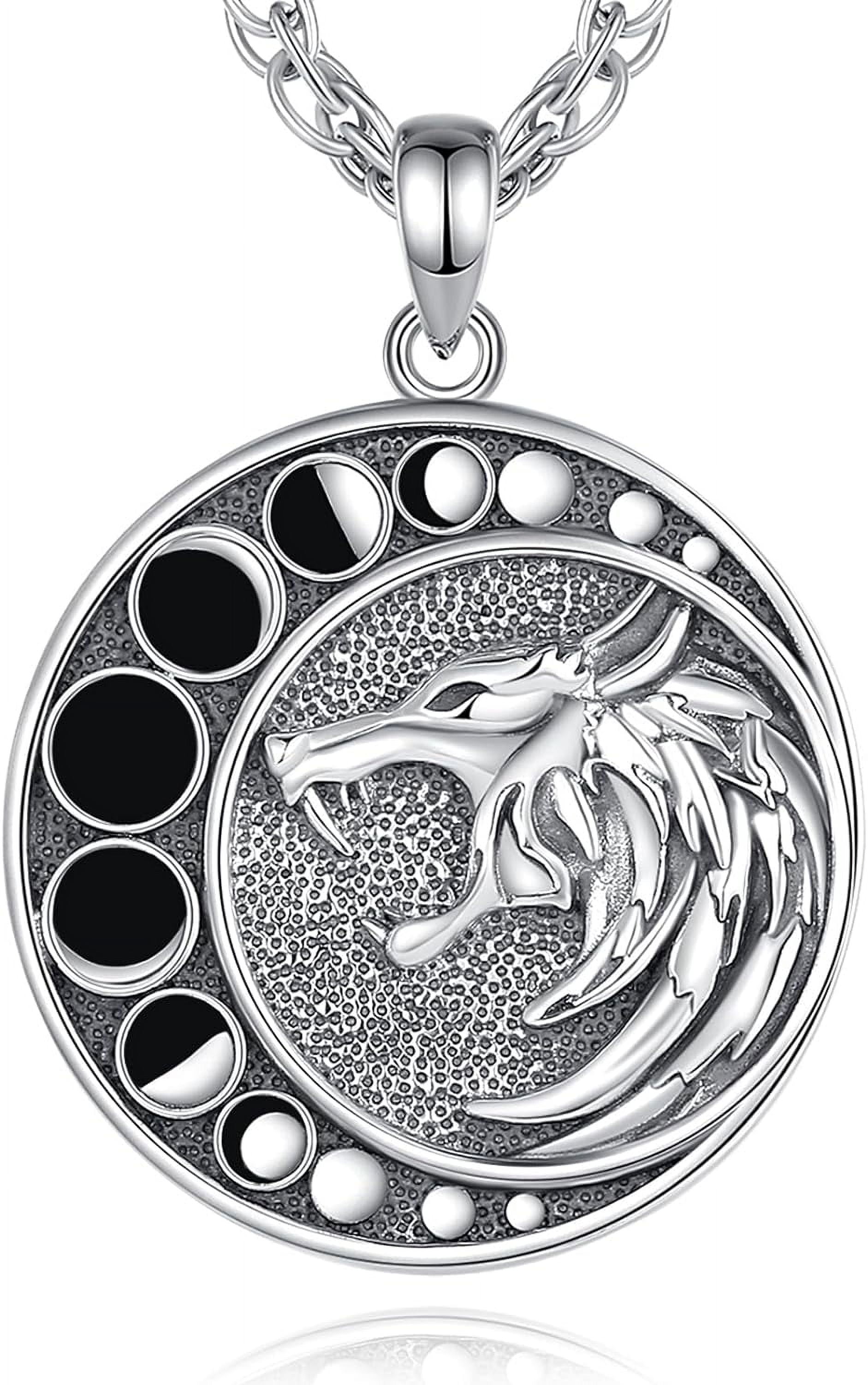 Witcher Medallion Necklace Viking Wolf Jewelry with Moon Phase Design 925 Sterling Silver Men Women s Therian Necklace