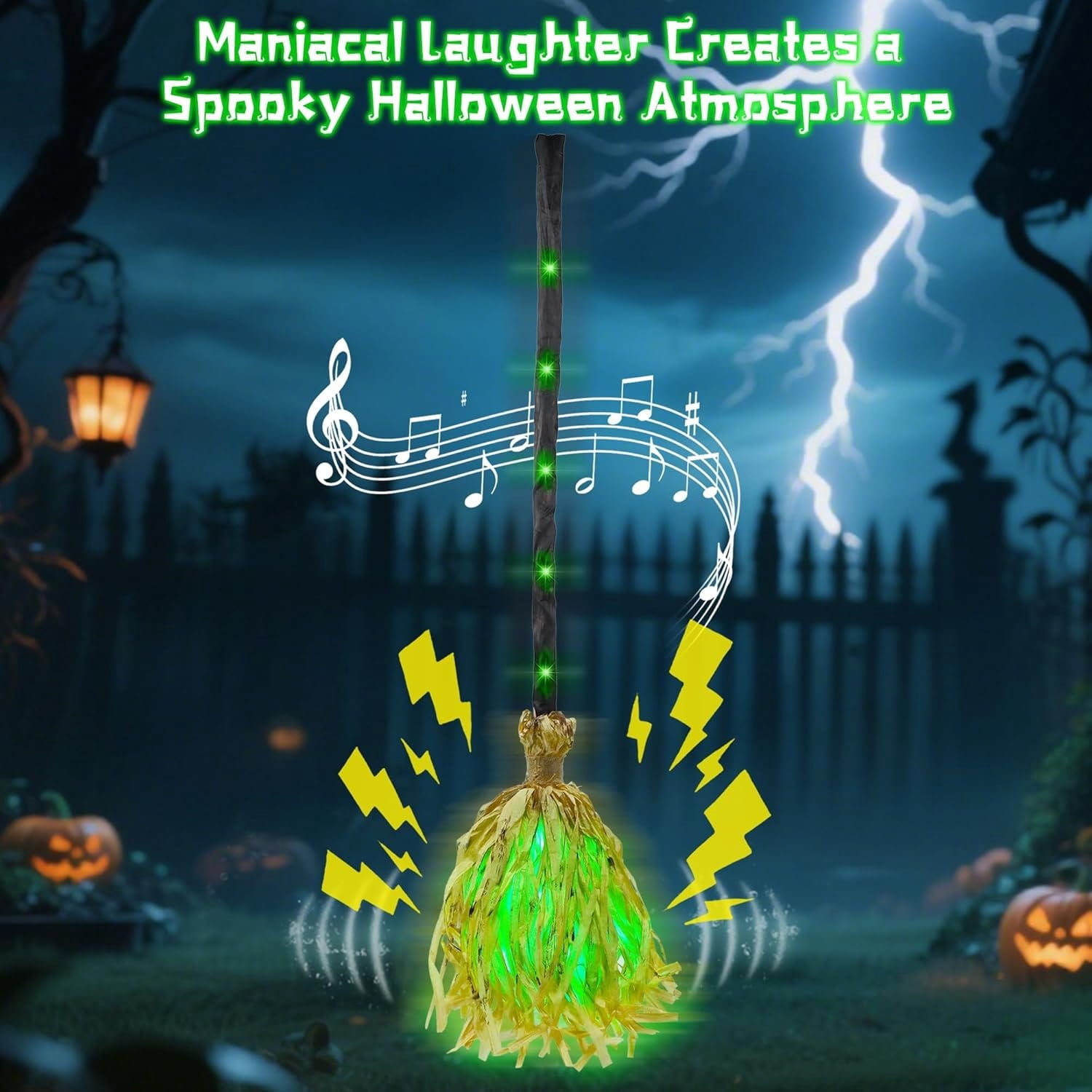 Witches Broom Halloween Decor - 35" Animated Light up Moving Broomstick ...