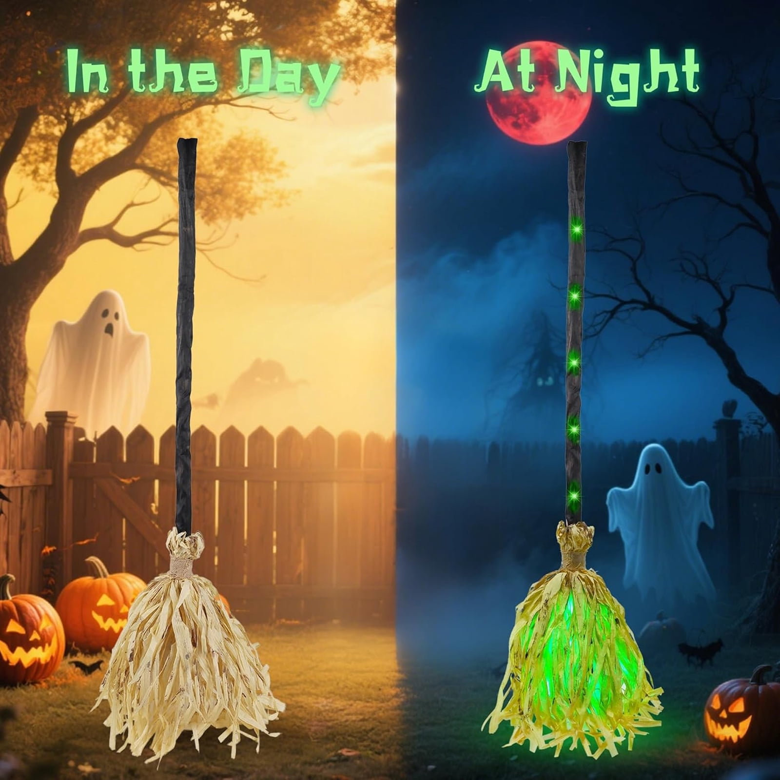 Witches Broom Halloween Decor 35" Animated Light up Moving Broomstick ...