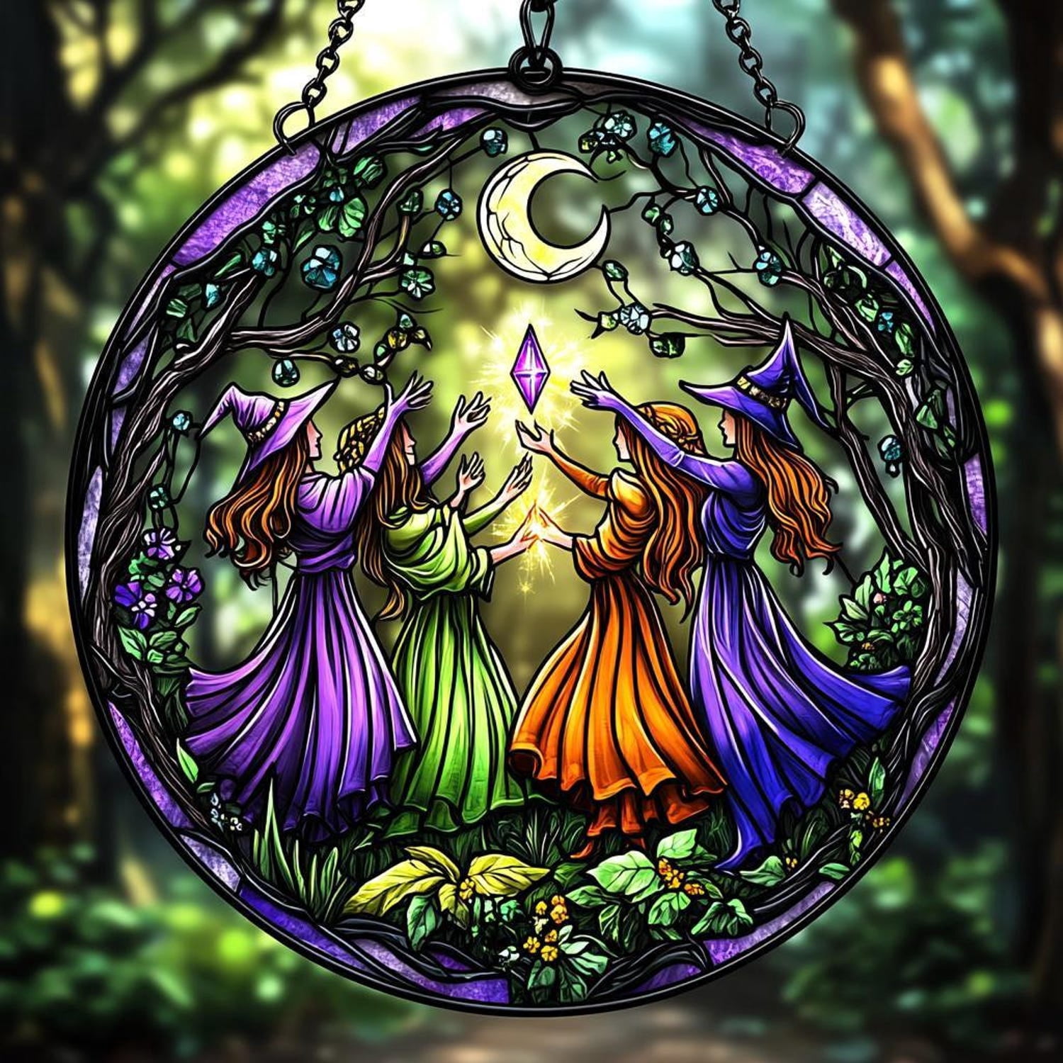 Witches Faux Stained Glass Acrylic Suncatcher - Witches Forest Window ...