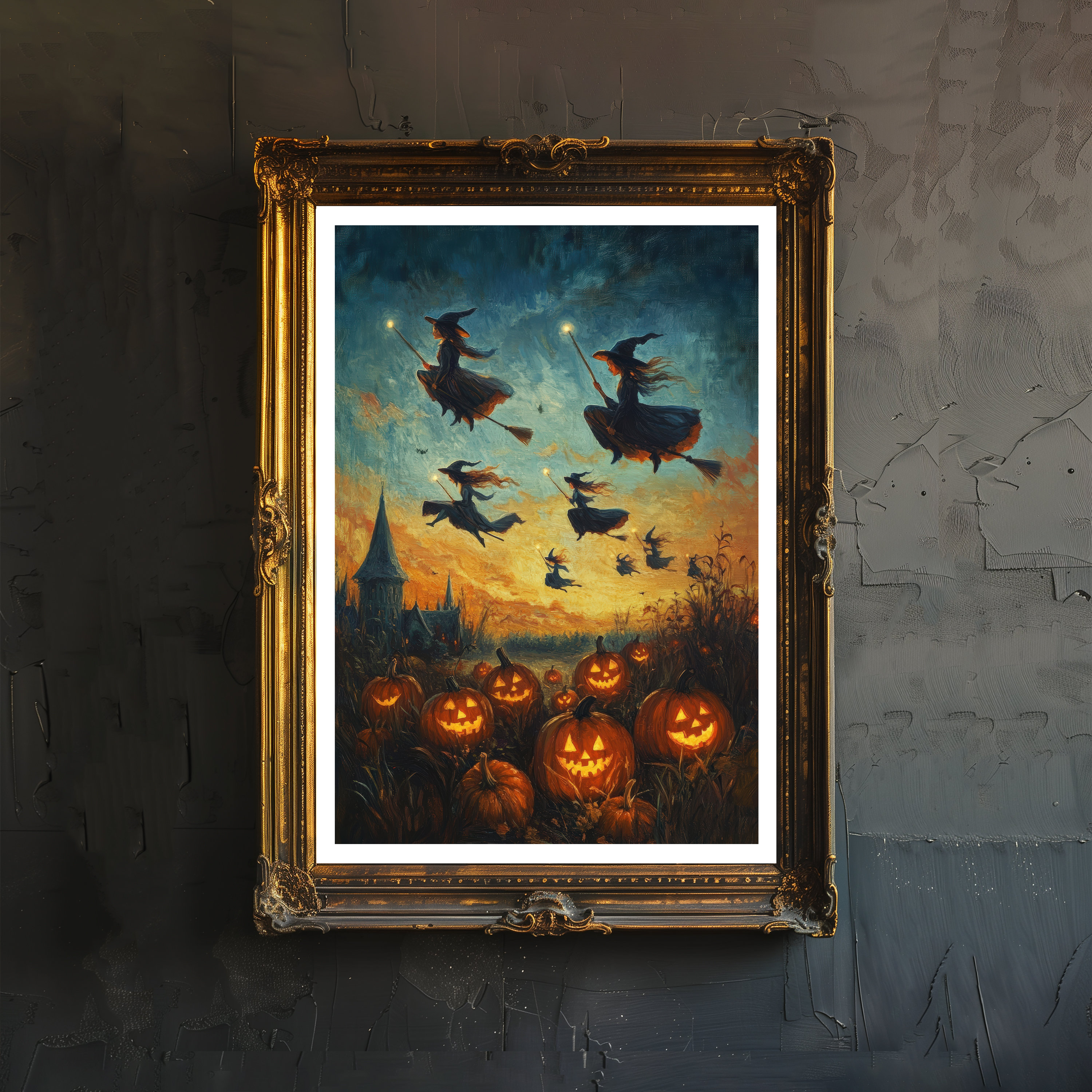 Witches Flying Over a Pumpkin Field Print Dark Academia Art Witchy ...