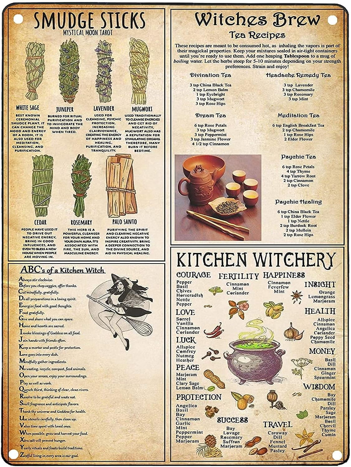 Witches Magic Knowledge Tin Sign Kitchen Witchery Retro Metal Poster ...