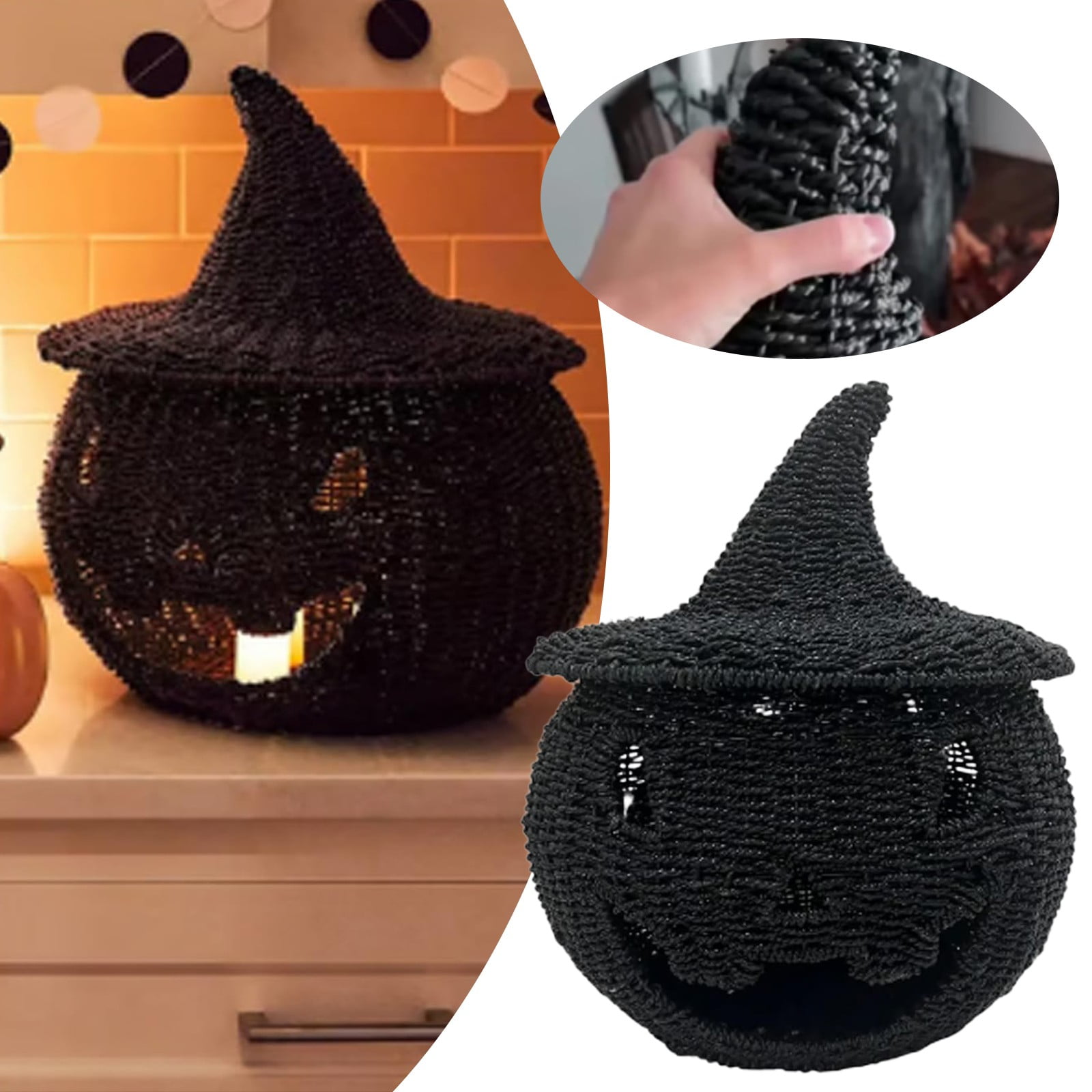 Witchlight Keeper Hand-Knit Pumpkin Candle Holder with Witch Hat - Halloween Decor for Table ...