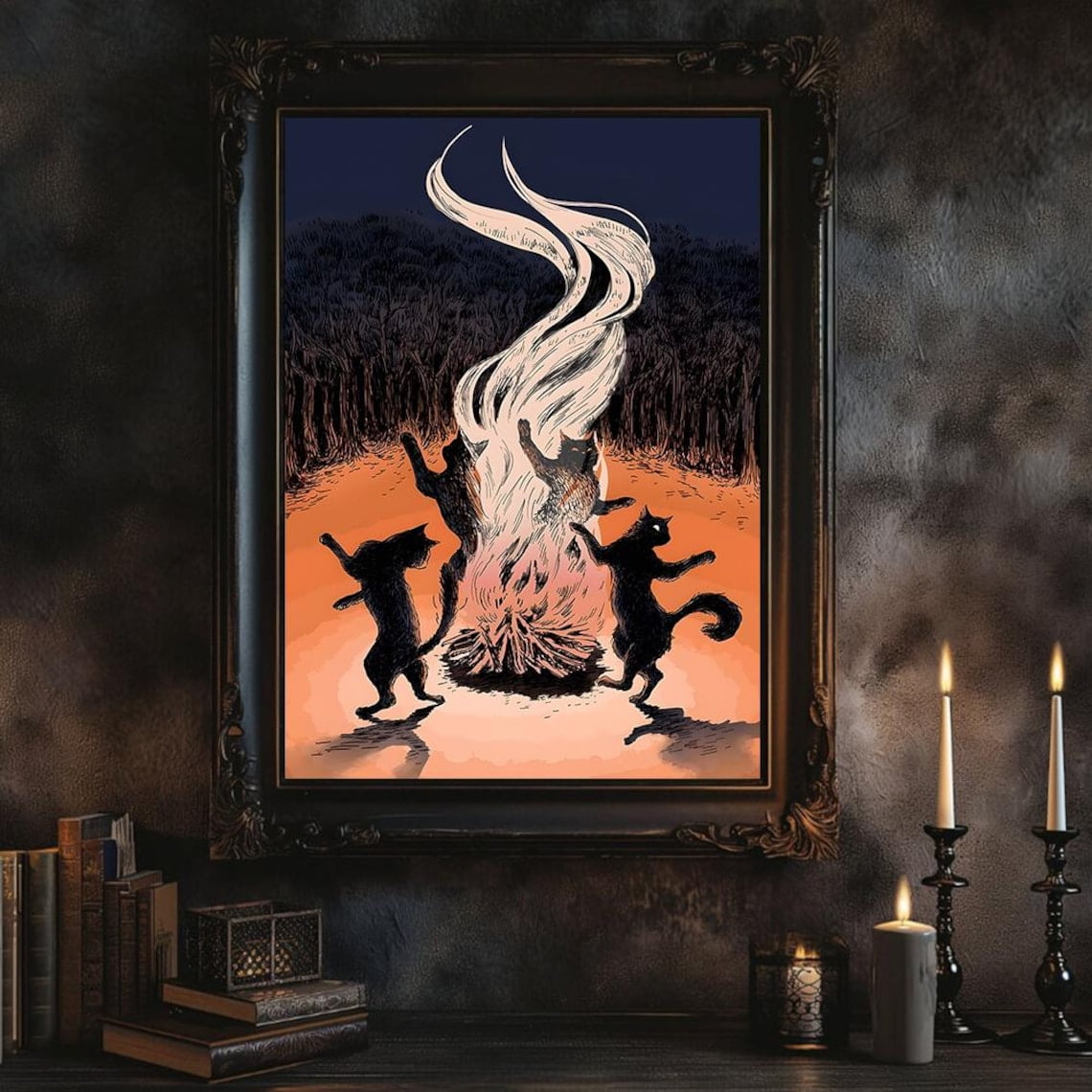 Witchy Black Cat Bonfire Art Poster Gothic Forest Wall Decor Home Decor ...