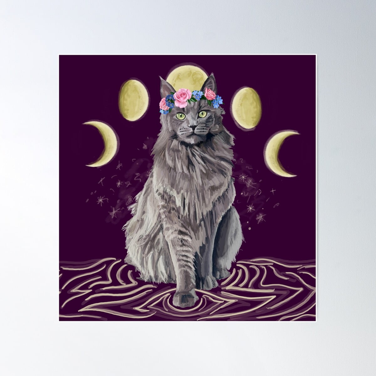 Witchy Grey Moon Cat Poster Wall Art, Modern Wall Decor For Living Room ...