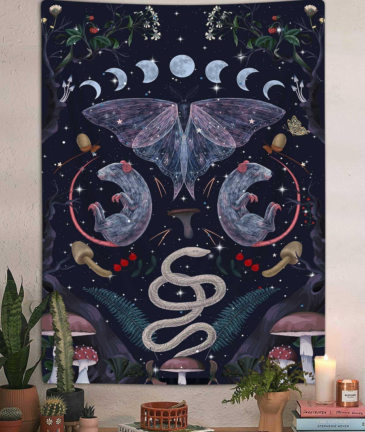 Witchy Moth Vertical Tapestry Aesthetic, Trippy Snake Floral Leaves ...