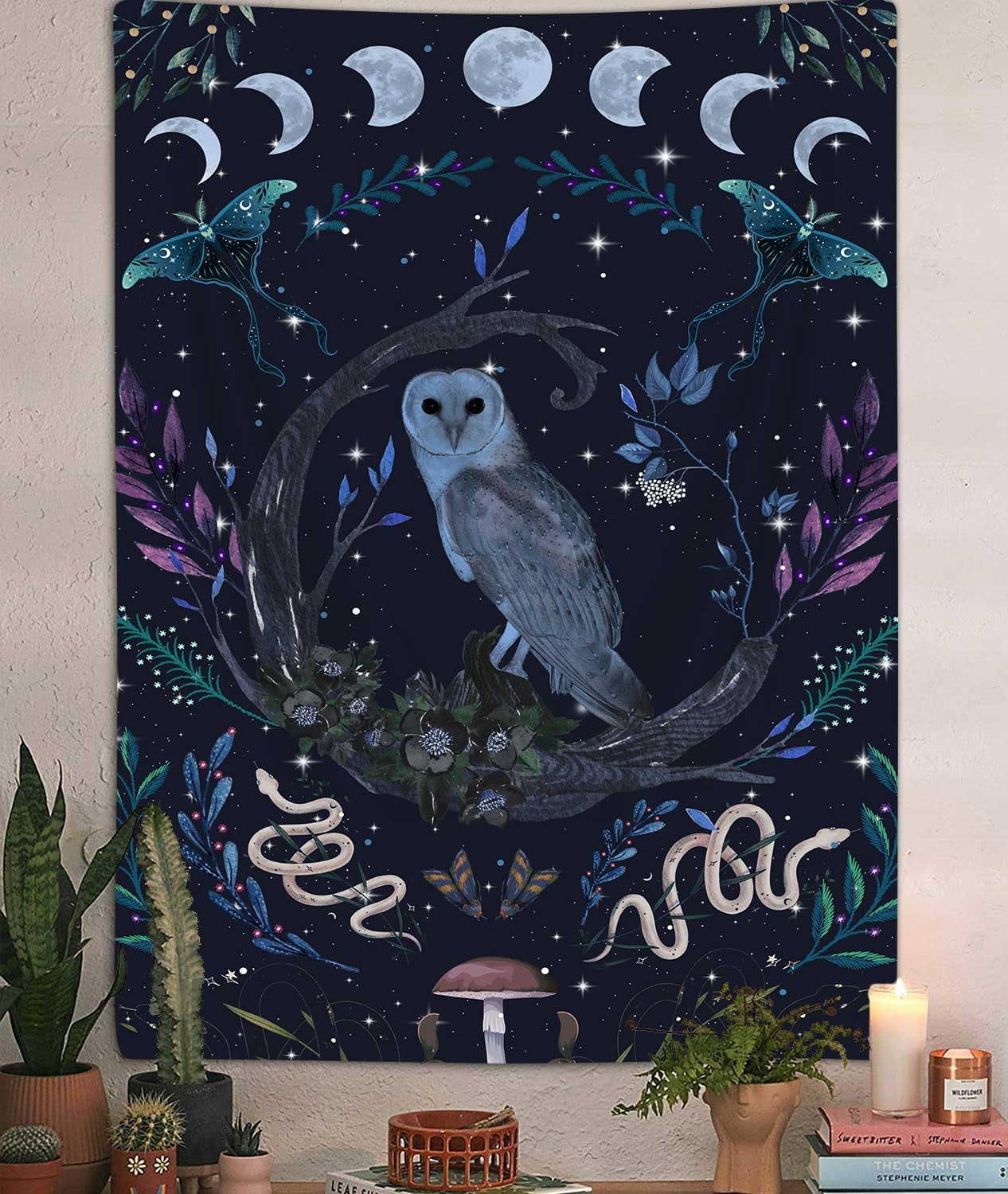 Witchy Owl Vertical Tapestry Aesthetic, Trippy Moth Snake Floral Leaves ...
