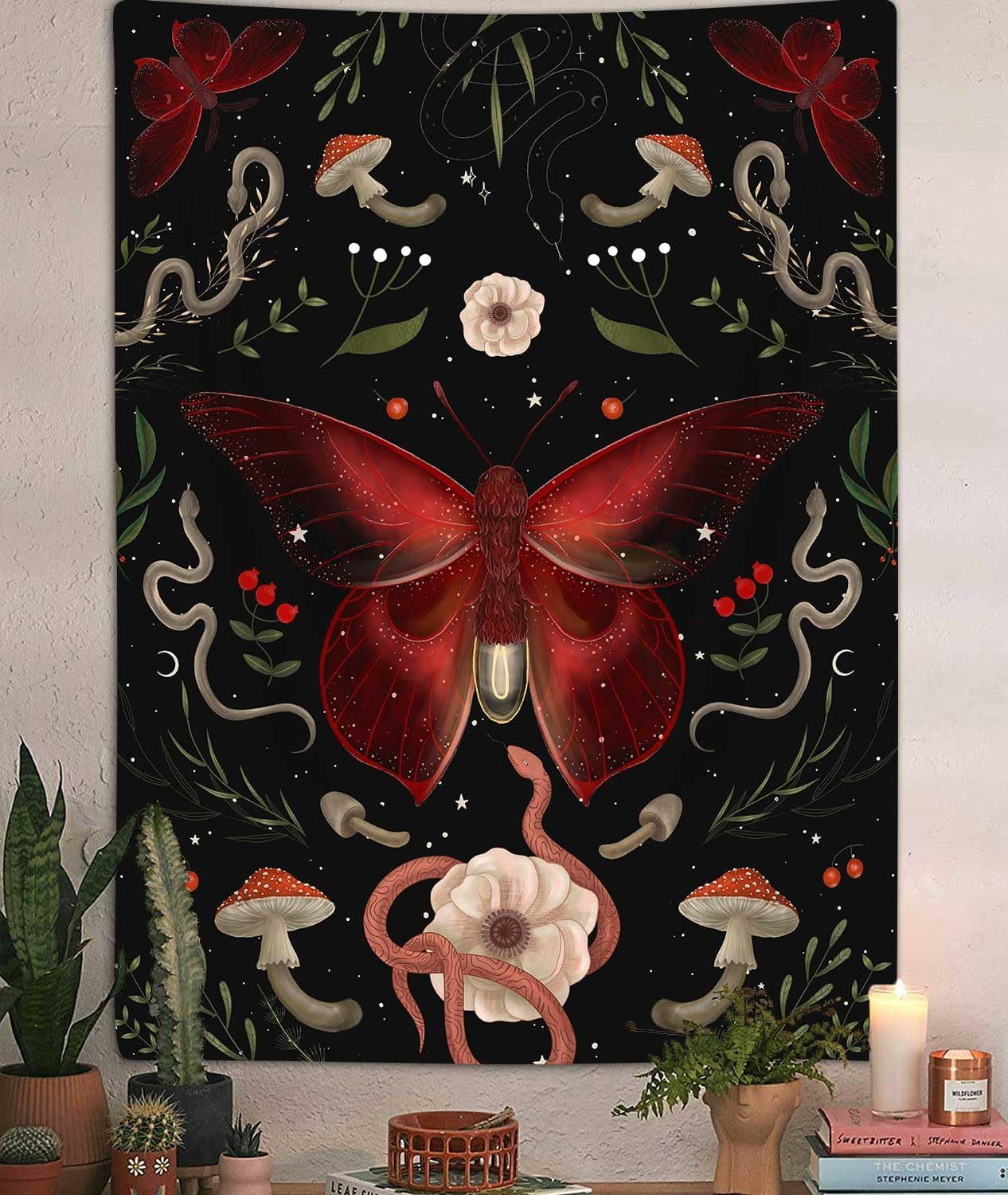 Witchy Red Moth Vertical Tapestry Aesthetic, Trippy Snake Floral ...